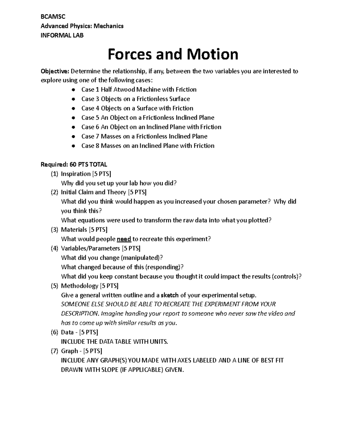 Copy of Copy of Unit 4 Forces and Motion Informal LAB - BCAMSC Advanced ...