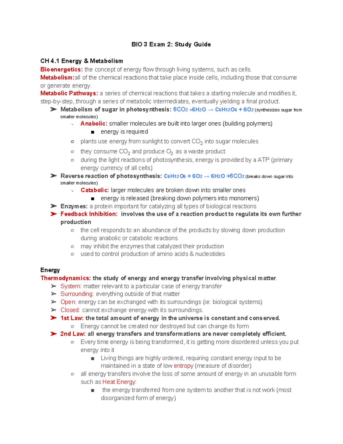 BIO 3 - STUDY GUIDE - BIO 3 Exam 2: Study Guide CH 4 Energy ...