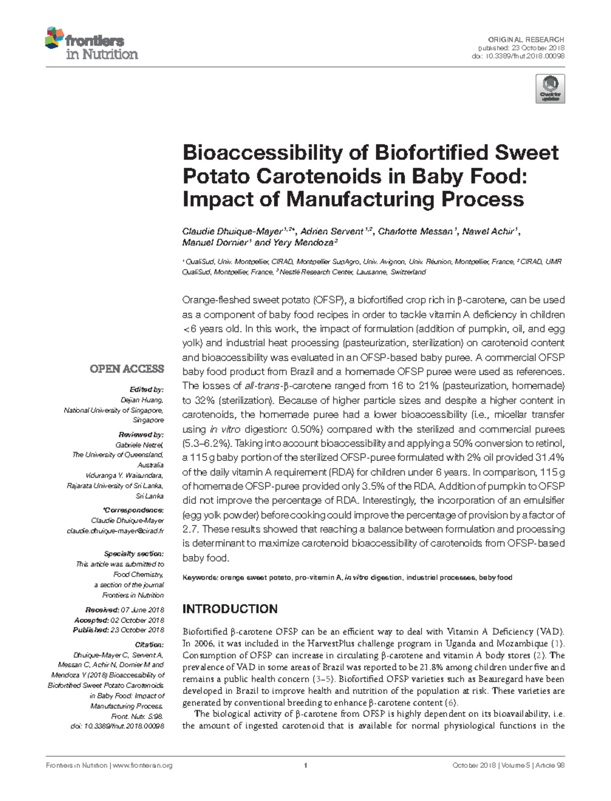 Bioaccessibility of Biofortified Sweet Potato Caro - ORIGINAL RESEARCH ...