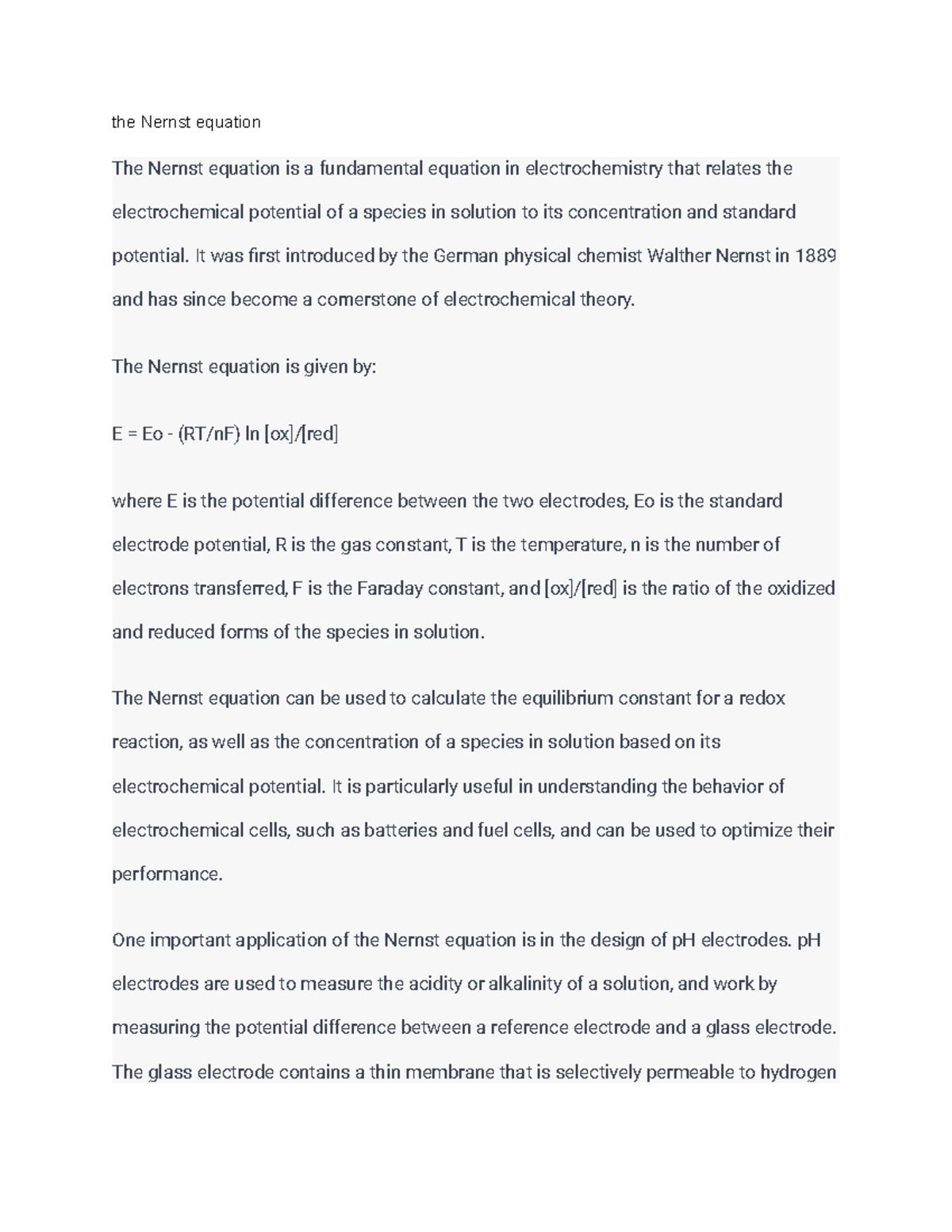 The Nernst equation - the Nernst equation The Nernst equation is a ...