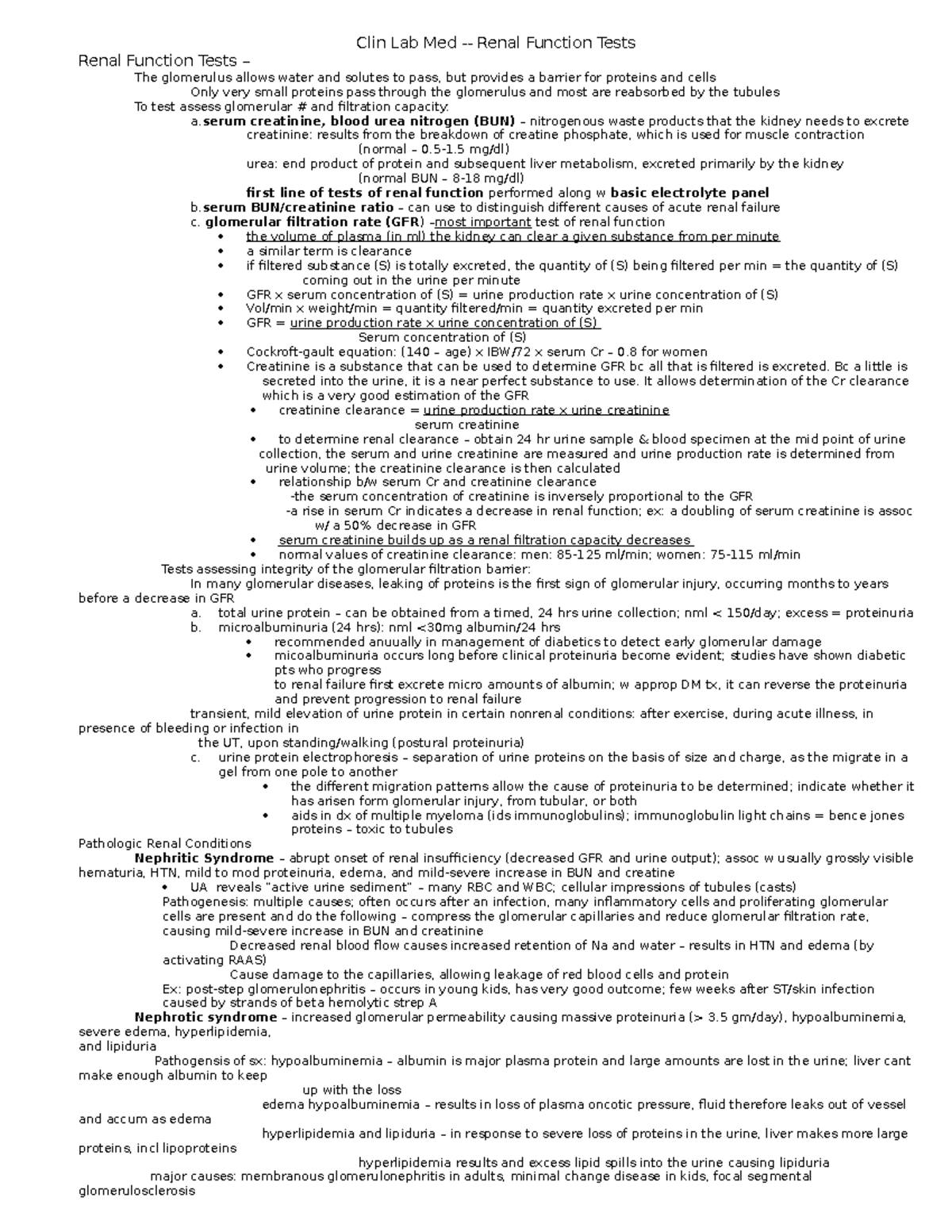 CL2 - Renal Function Tests - Clin Lab Med - Renal Function Tests Renal ...