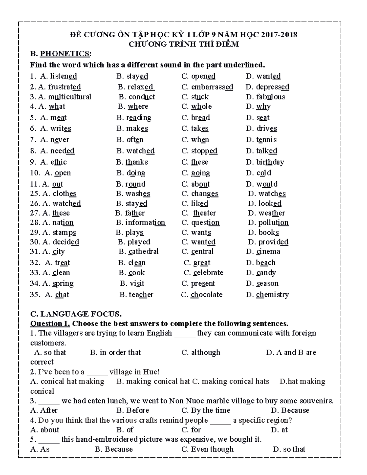 DE Cuong ON TAP Tieng ANH 9 THI DIEM - ĐỀ CƯƠNG ÔN TẬP HỌC KỲ 1 LỚP 9 NĂM HỌC 2017- CHƯƠNG TRÌNH ...