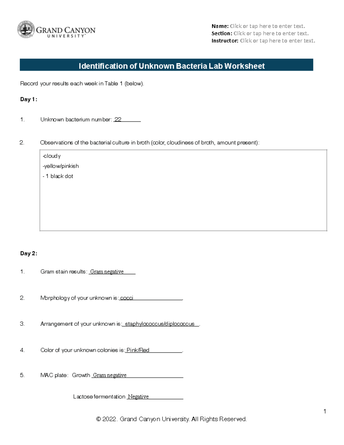 BIO 205L RS T5 - Sec(on: Click or tap here to enter text. Instructor ...