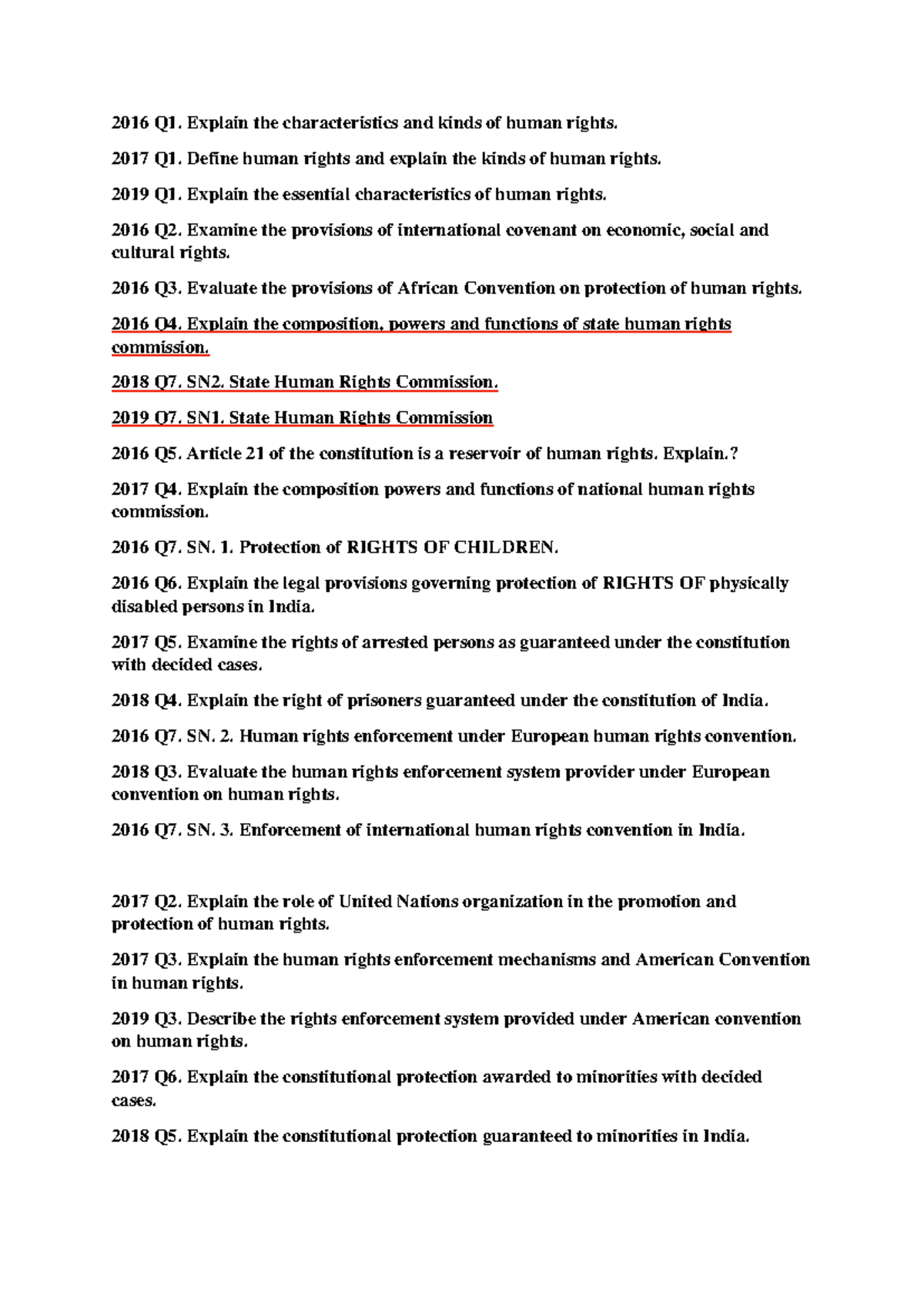 HR QP - question paper of human rights - 2016 Q1. Explain the ...