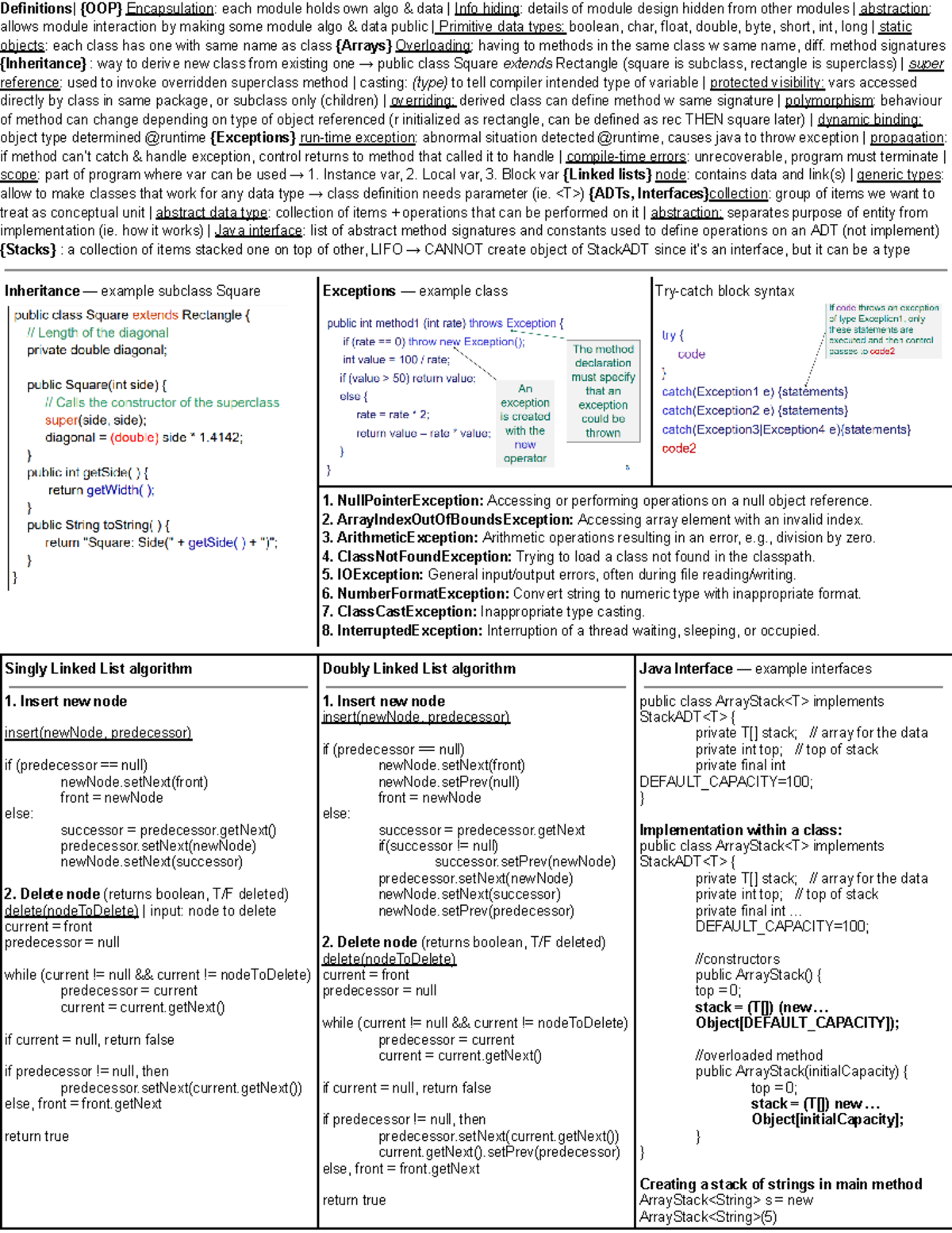 CS 1027 Midterm Cheat Sheet - Definitions| {OOP} Encapsulation: each module holds own algo ...