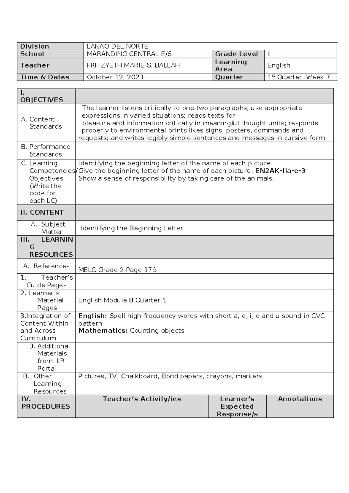 english quarter 2 lesson plan - Division LANAO DEL NORTE School ...