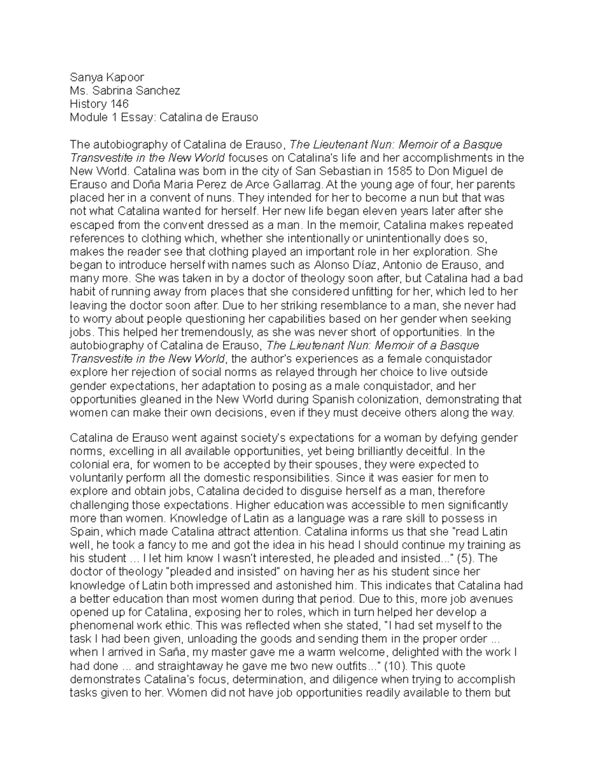 SS Module 1 essay: Catalina De Erauso - Sanya Kapoor Ms. Sabrina ...