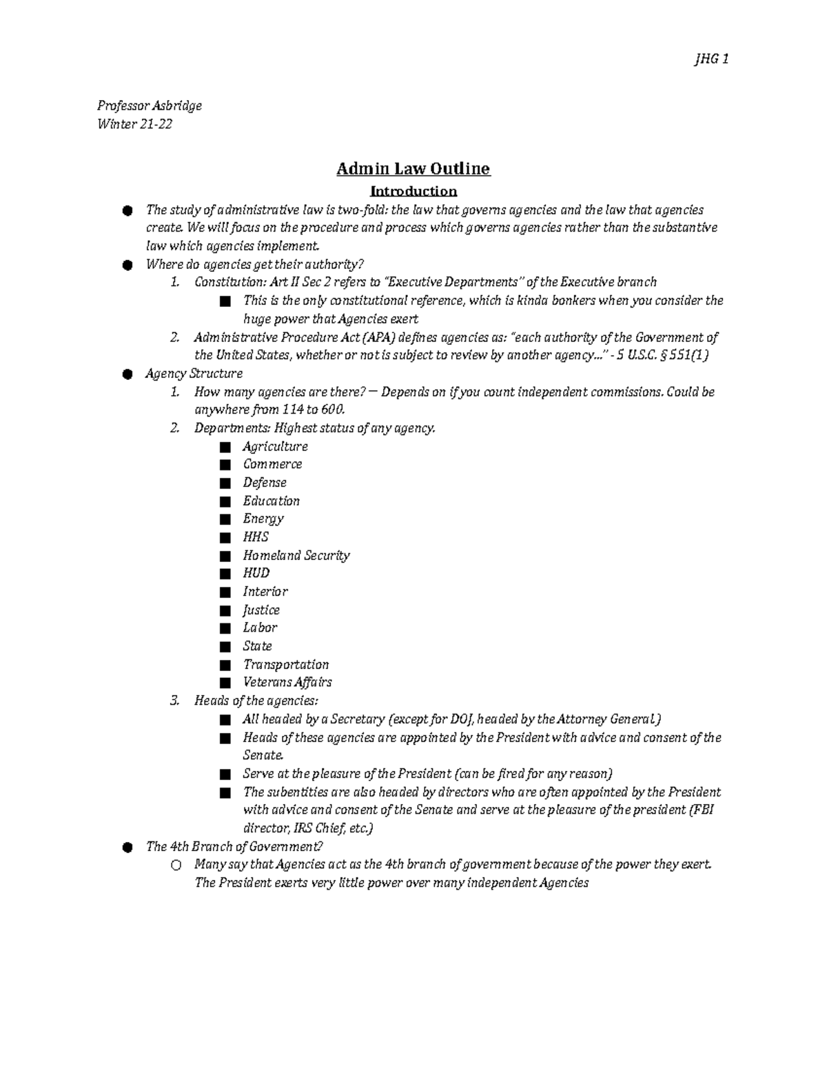Admin Law Outline - Professor Asbridge Winter 21- Admin Law Outline ...