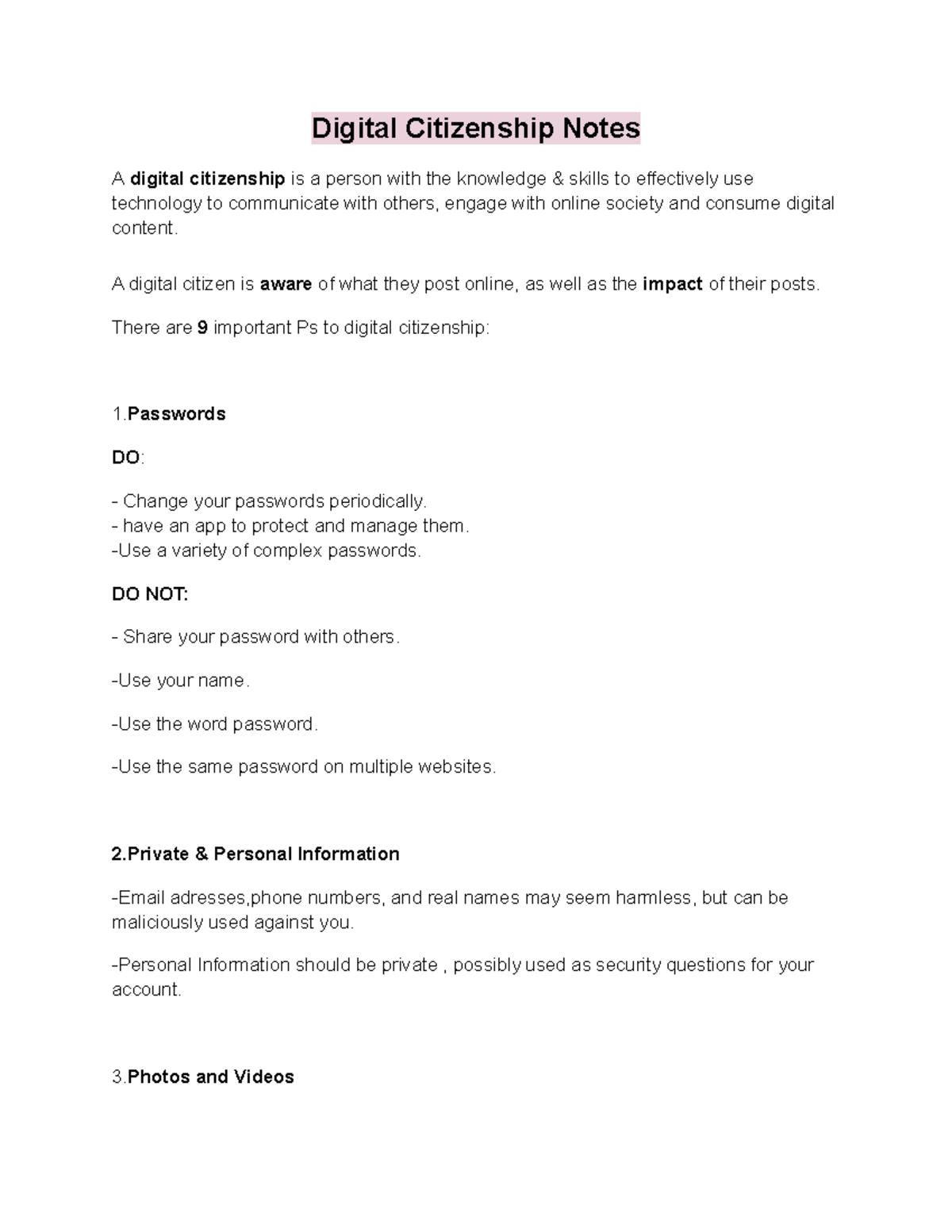 Digitak Citizienship Notes Seily - Digital Citizenship Notes A digital ...