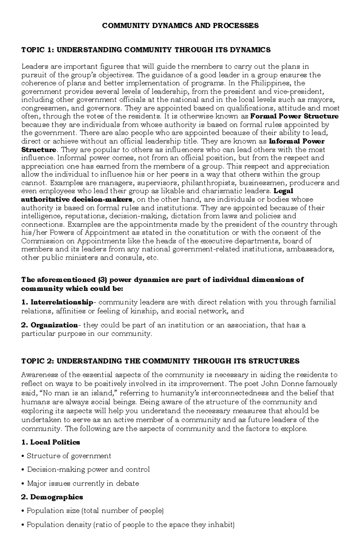 CSC- Community Dynamics AND Typologies - COMMUNITY DYNAMICS AND ...