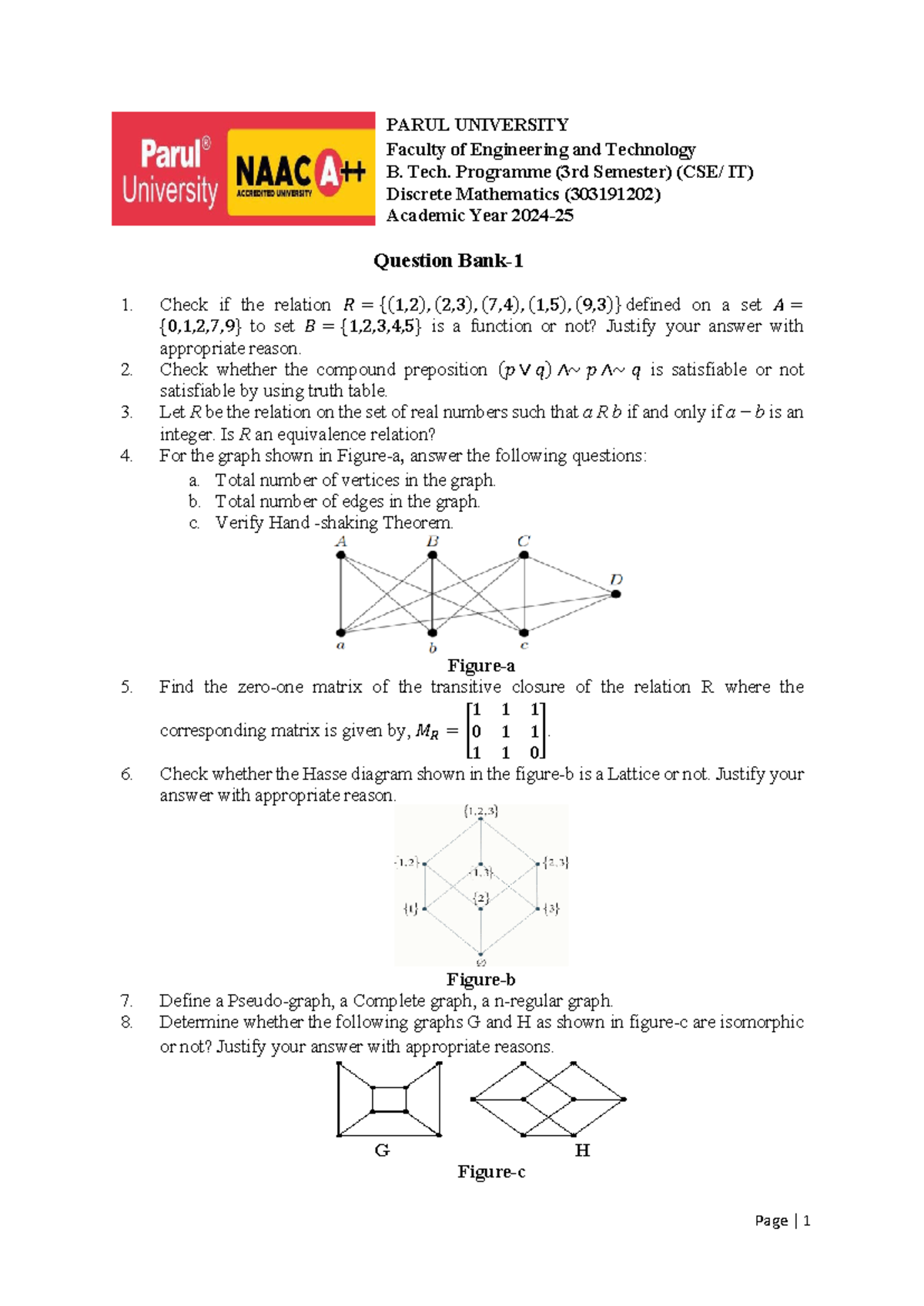 DM Question-Bank-1 2024-25 - Page | 1 PARUL UNIVERSITY Faculty of Engineering and Technology B ...