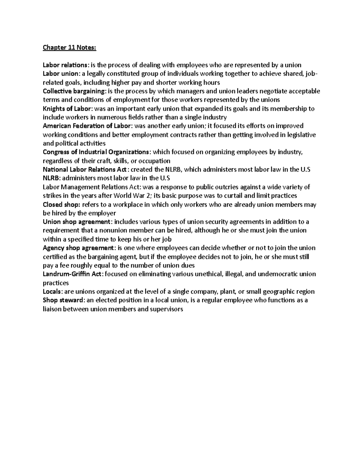 Chapter 11 Notes-HR - Chapter 11 Notes: Labor relations: is the process ...