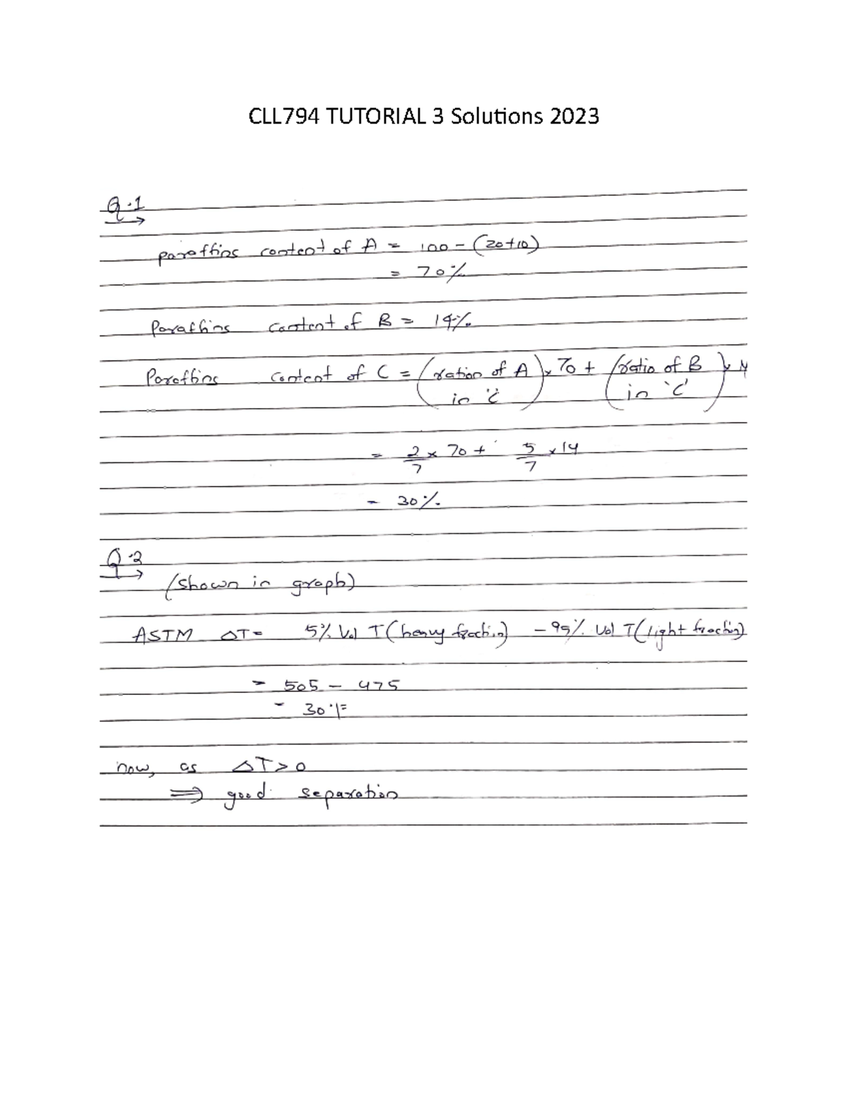 Tut 3 Solns - tutorial 3 solution - Petroleum Refinery Engineering - CLL794 TUTORIAL 3 Solu琀椀ons ...