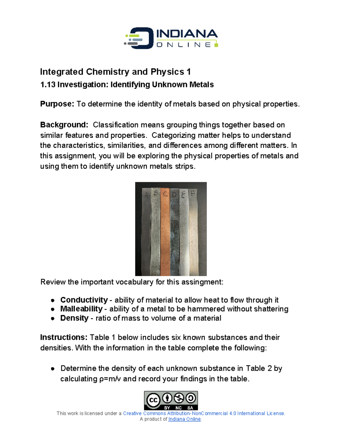 1.13 Investigation Identifying Unknown Metals - Integrated Chemistry ...