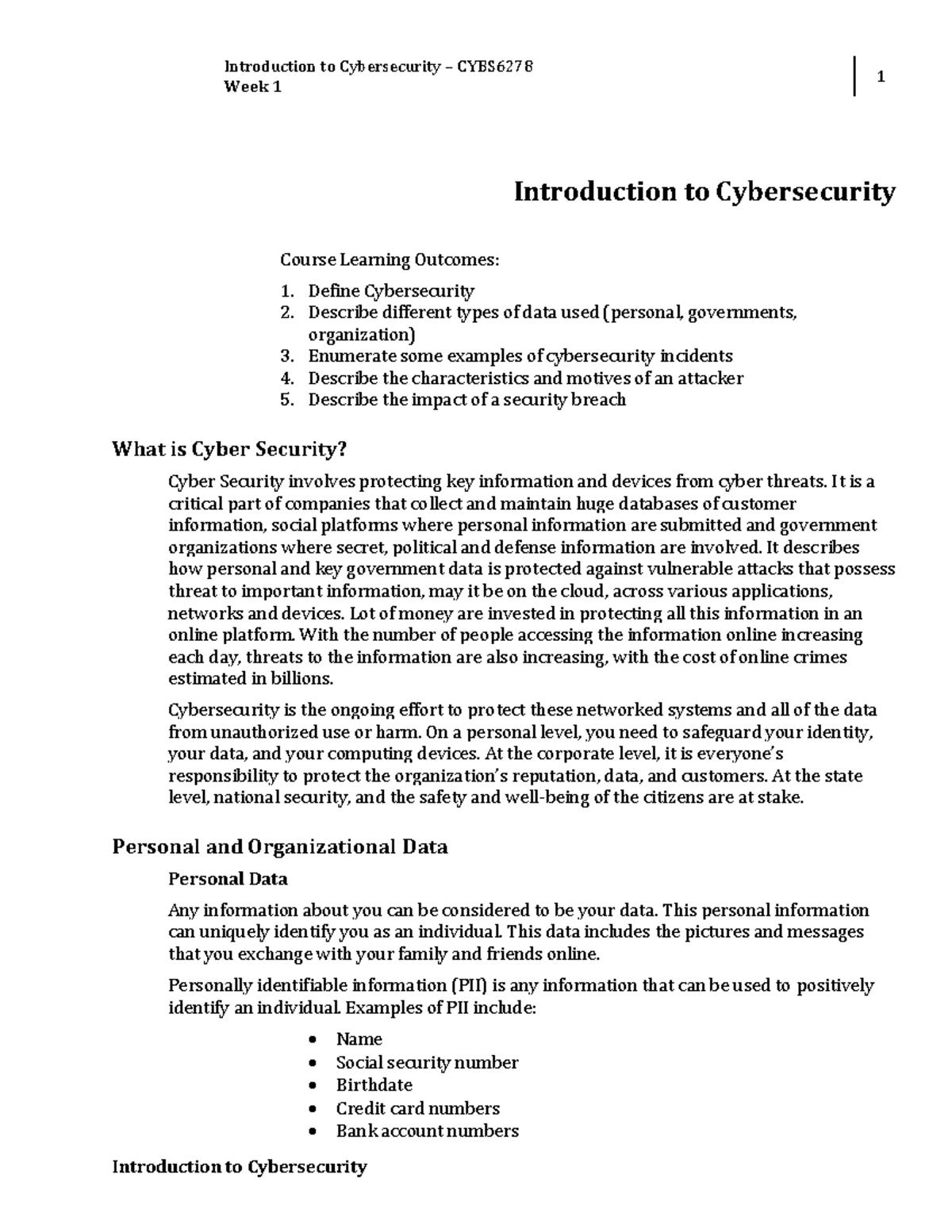 W1 Introduction to Cybersecurity - Module - Introduction to ...