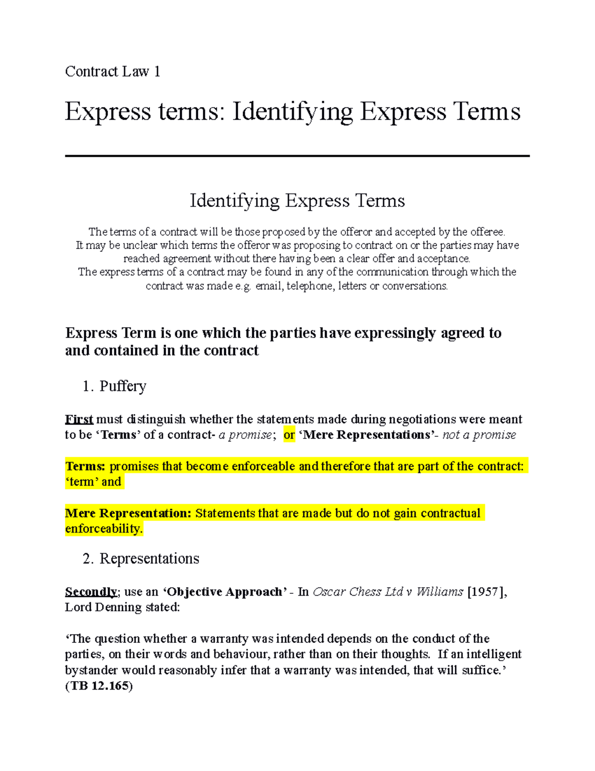 Express terms - Summary Principles of Contract Law - Contract Law 1 ...