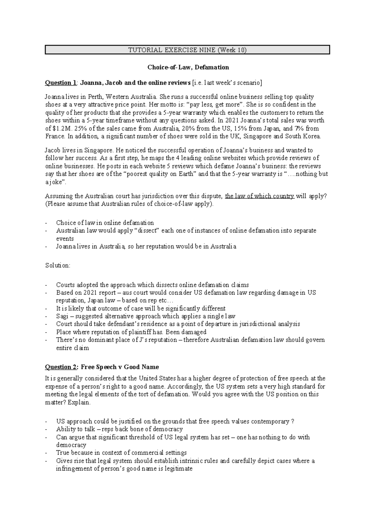 Tutorial EX 9 (WEEK 10) - TUTORIAL EXERCISE NINE (Week 10) Choice-of ...