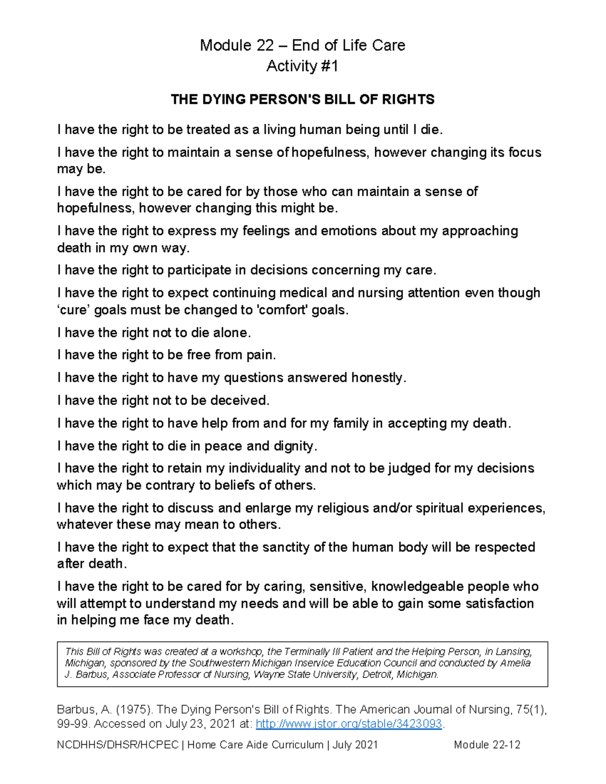 Dying Person's Bill of RIghts - Module 22 – End of Life Care Activity ...