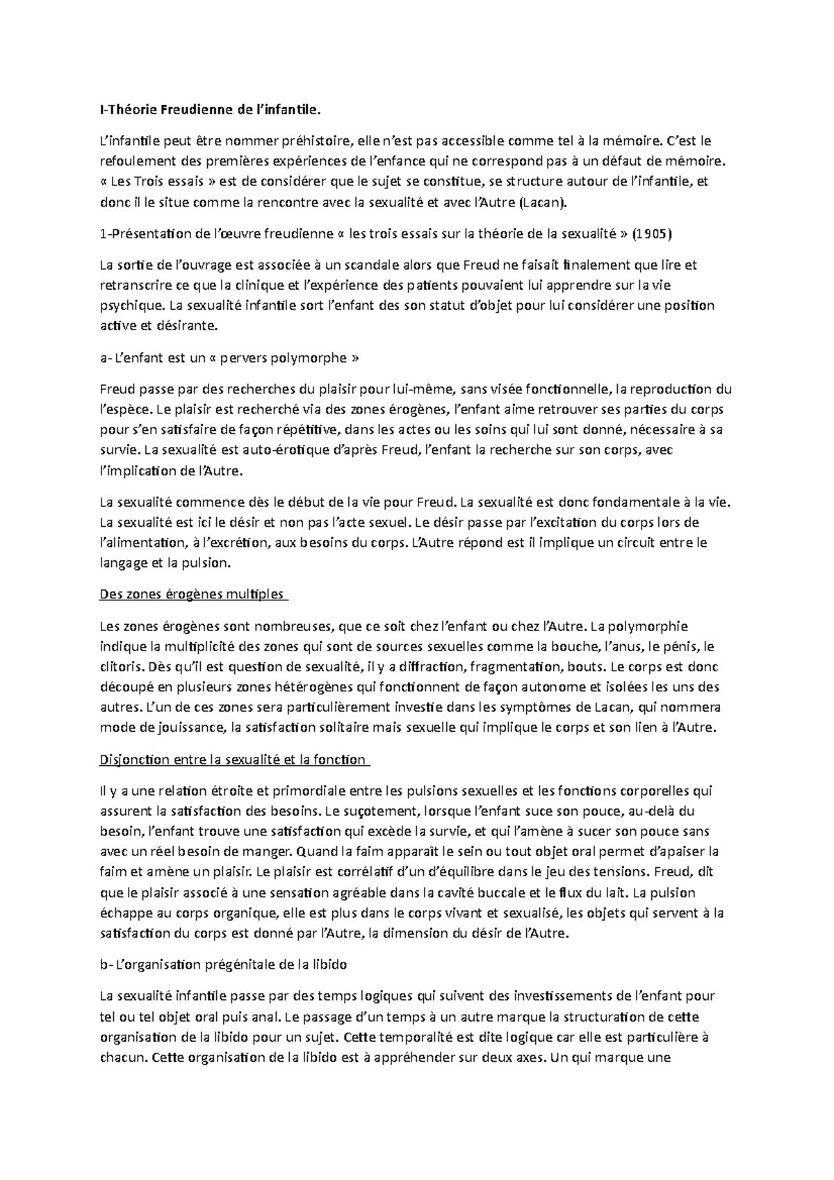 Résumé Psycho clinique - I-Théorie Freudienne de l’infantile. L ...