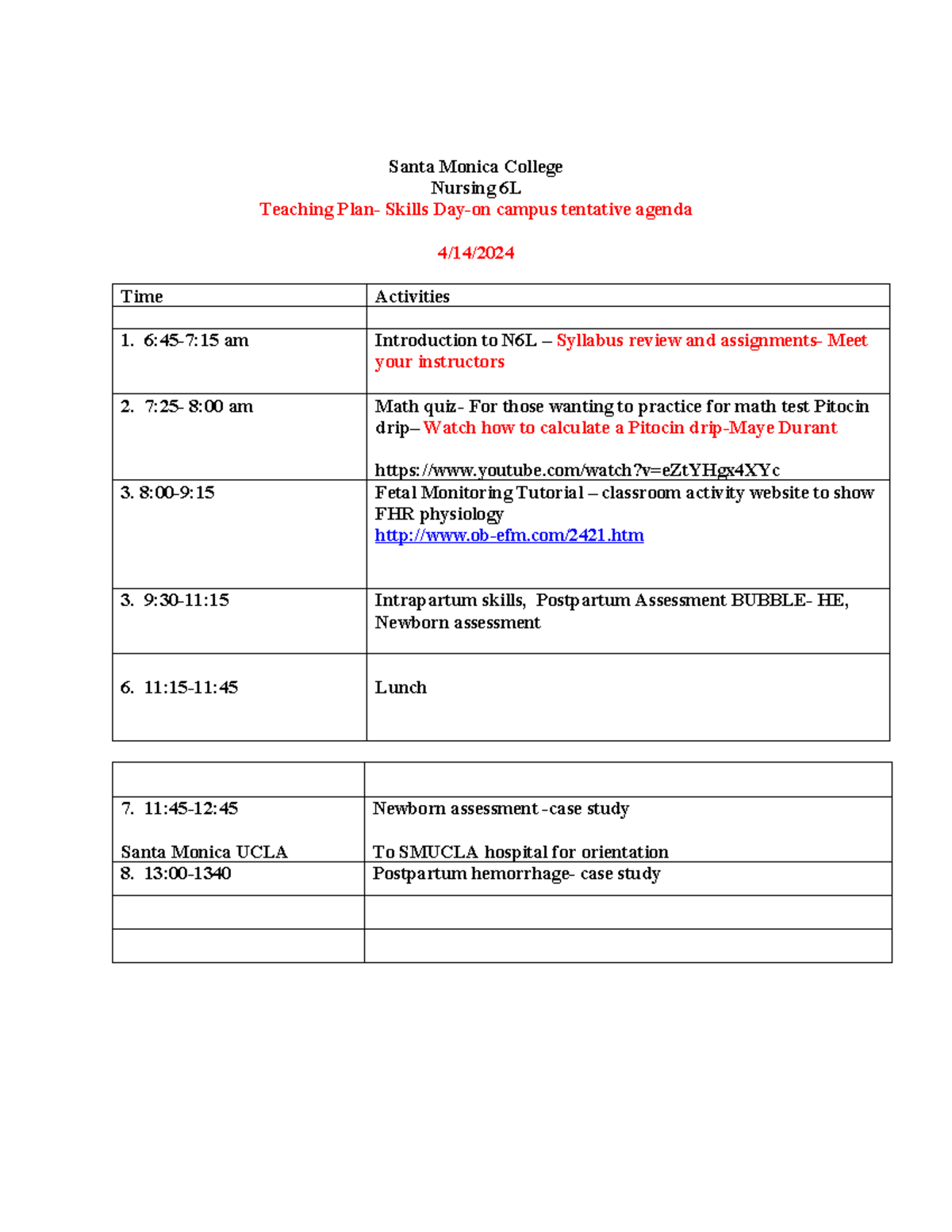 Skills day SMC Agenda and check offs-1-1-1-1 - Nursing 6L Teaching Plan ...