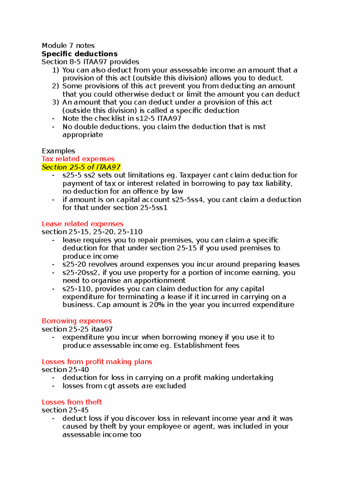 Module 7 notes - Module 7 notes Specific deductions Section 8-5 ITAA97 ...