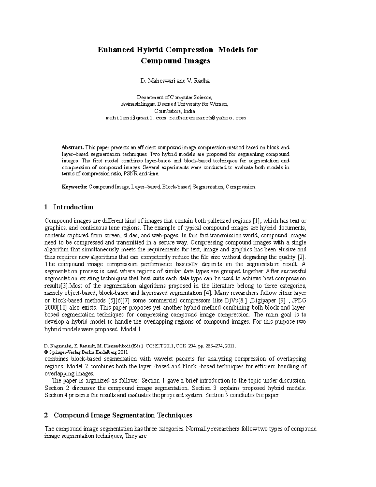 Enhanced Hybrid Compression Models for Compound Images - Maheswari and V. Radha Department of ...