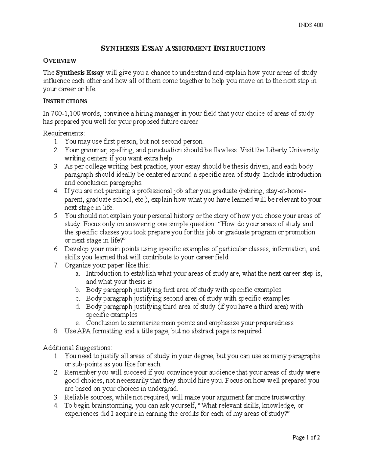 Synthesis Essay Assignment Instructions - INDS 400 SYNTHESIS ESSAY ...
