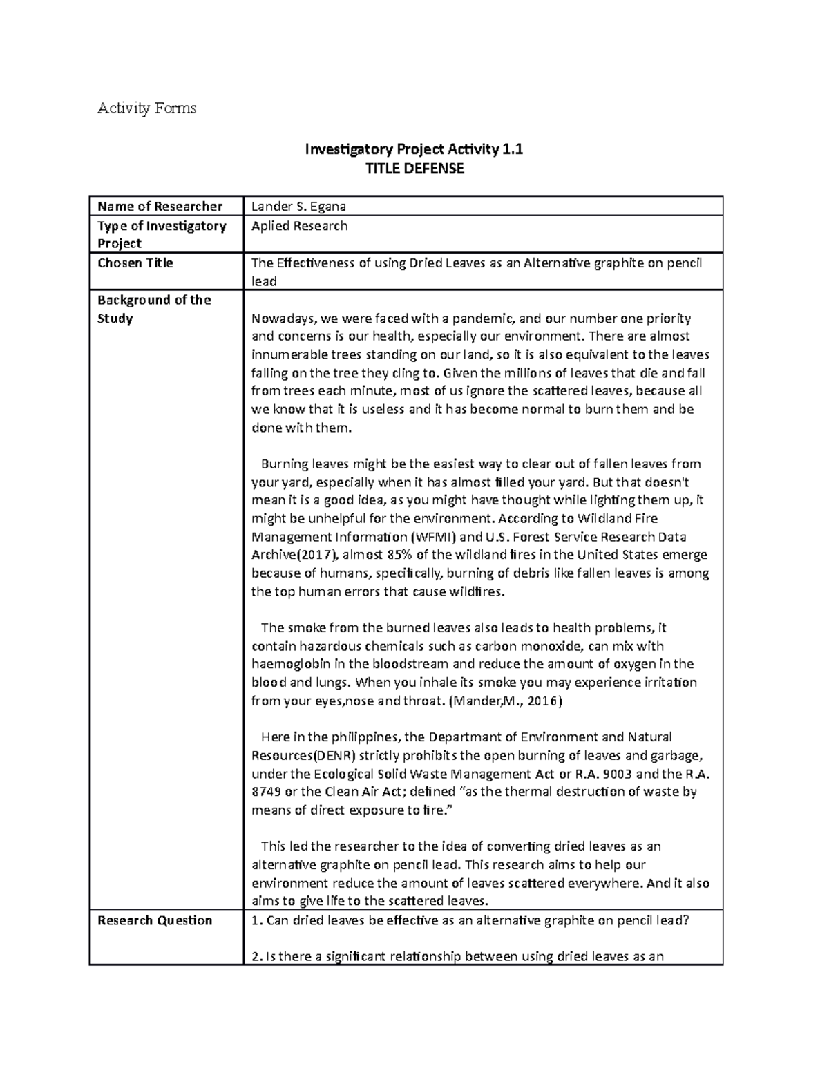 Title Defense Form-Investigatory-Project - Activity Forms Investigatory ...