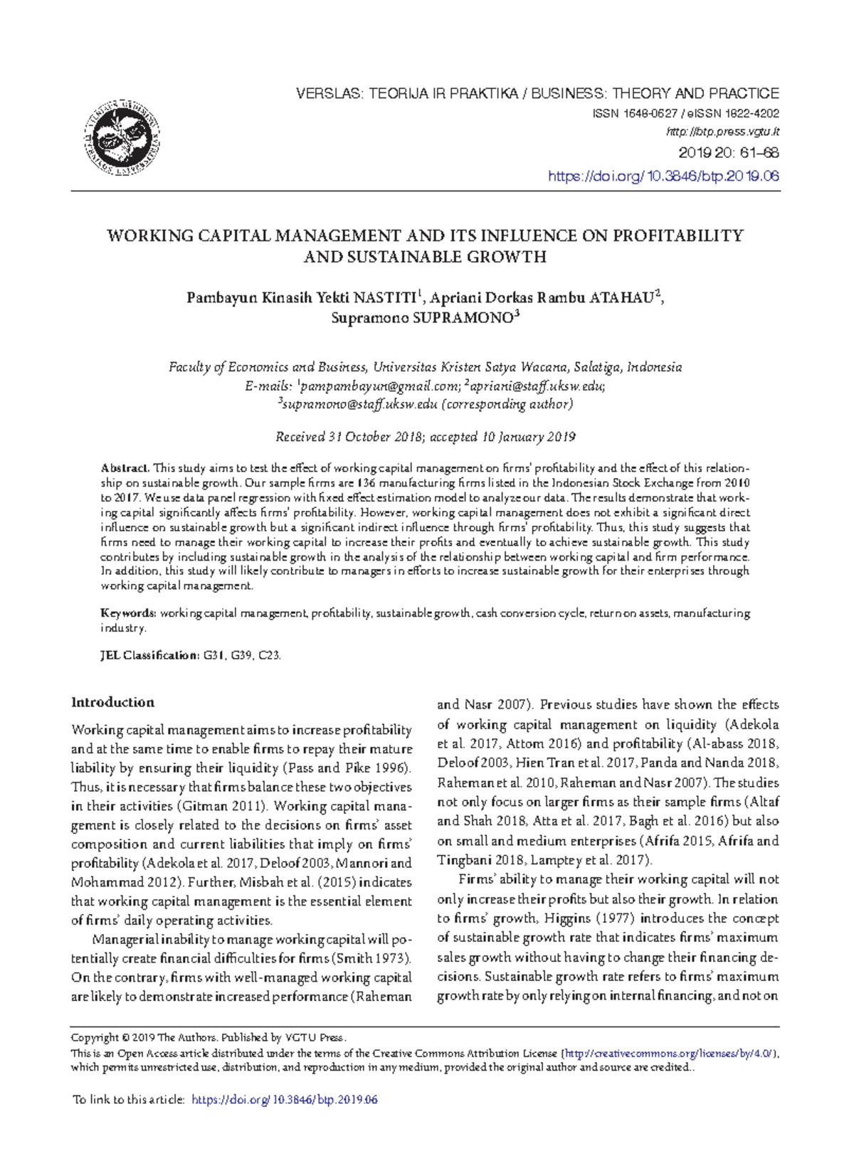 Working capital management and its influence on pr - Copyright © 2019 e ...