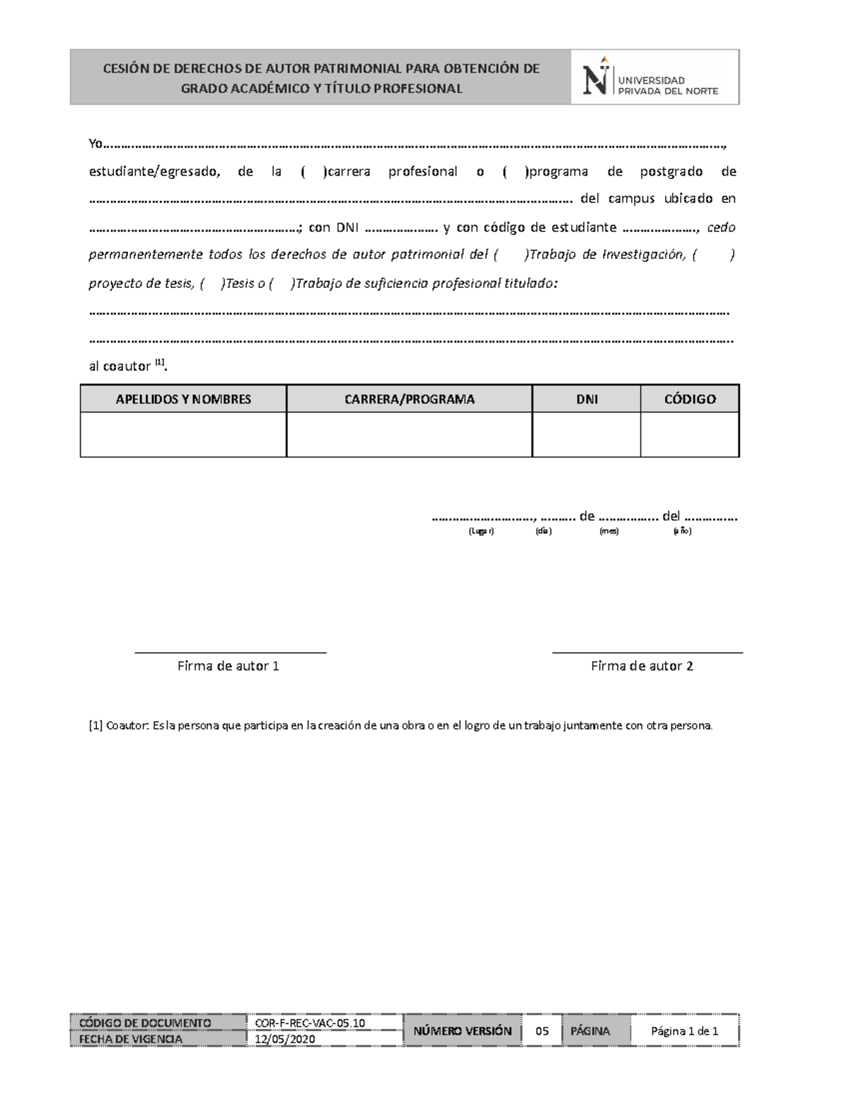 COR-F-REC-VAC-05.10 5 (1) - CESIÓN DE DERECHOS DE AUTOR PATRIMONIAL ...