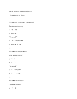 Math Question and Answer Paper - Of course! Here’s an additional set of ...