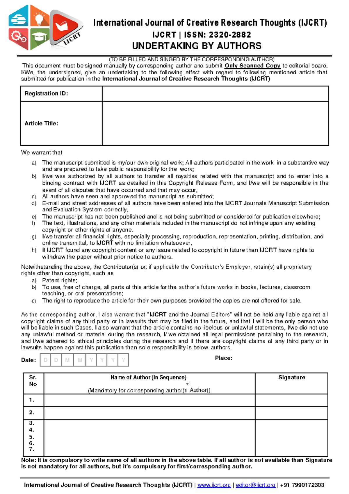 Ijcrt Undertaking By Authors - International Journal of Creative ...