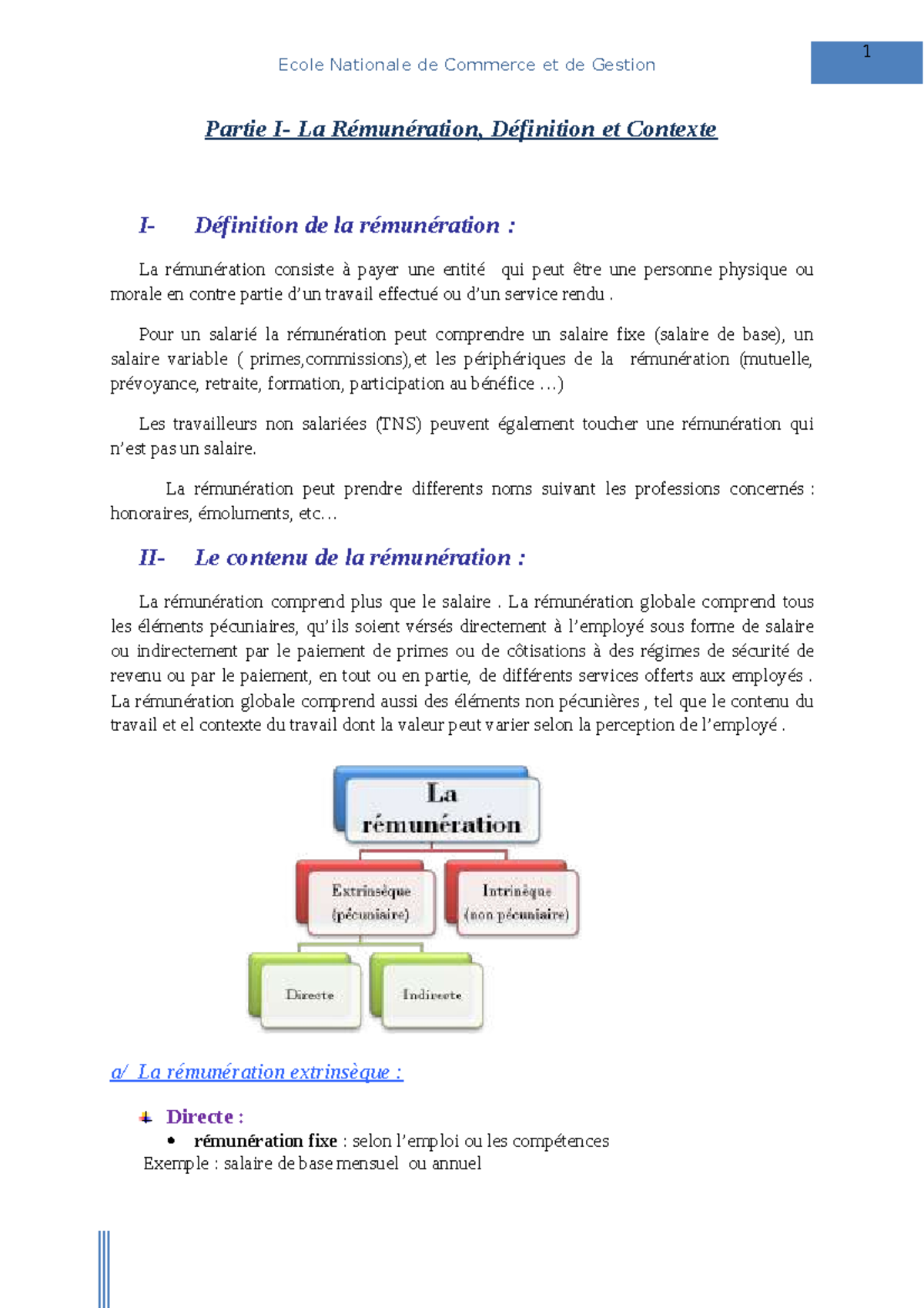 Partie I- La Rémunération, Définition et Contexte - Ecole Nationale de ...