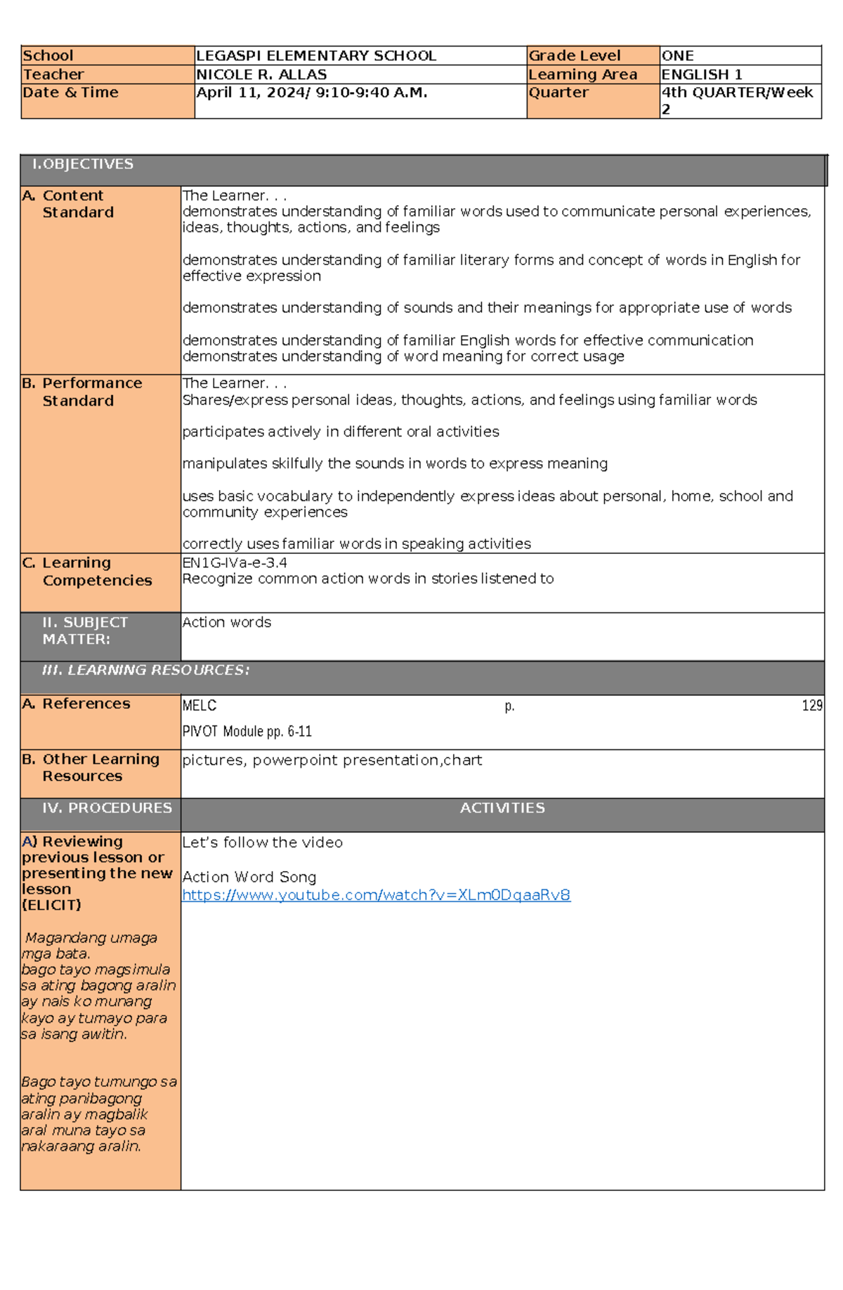 Lesson- Exemplar- Sample - I A. Content Standard The Learner ...