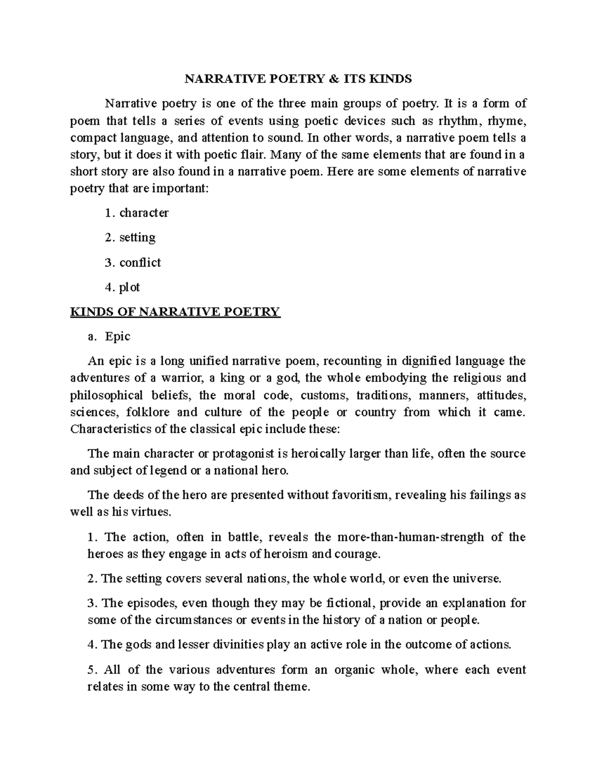 Narrative Poetry - Lecture notes 1-2-3-4-5 - NARRATIVE POETRY & ITS ...
