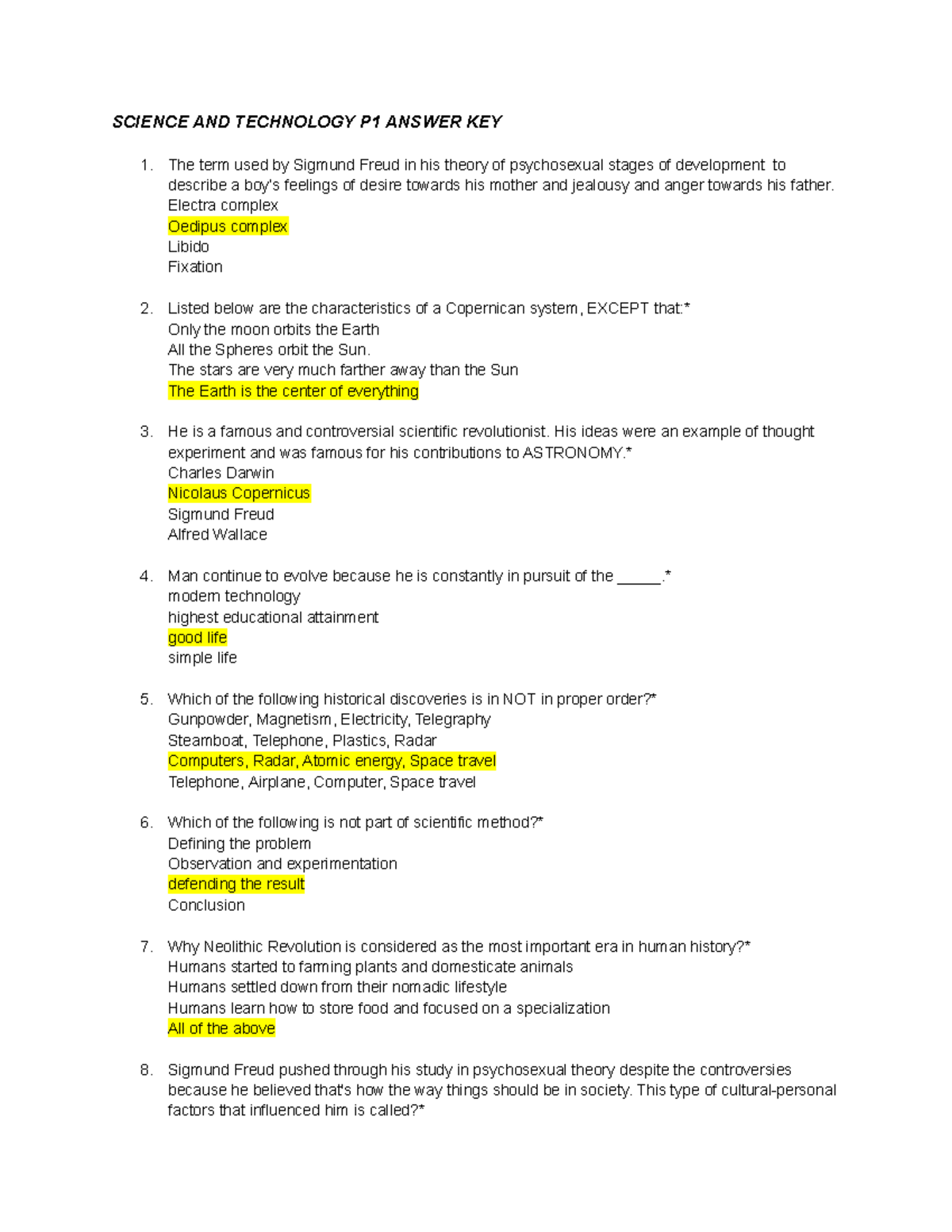 Science AND Technology P1 Answer KEY - SCIENCE AND TECHNOLOGY P1 ANSWER ...