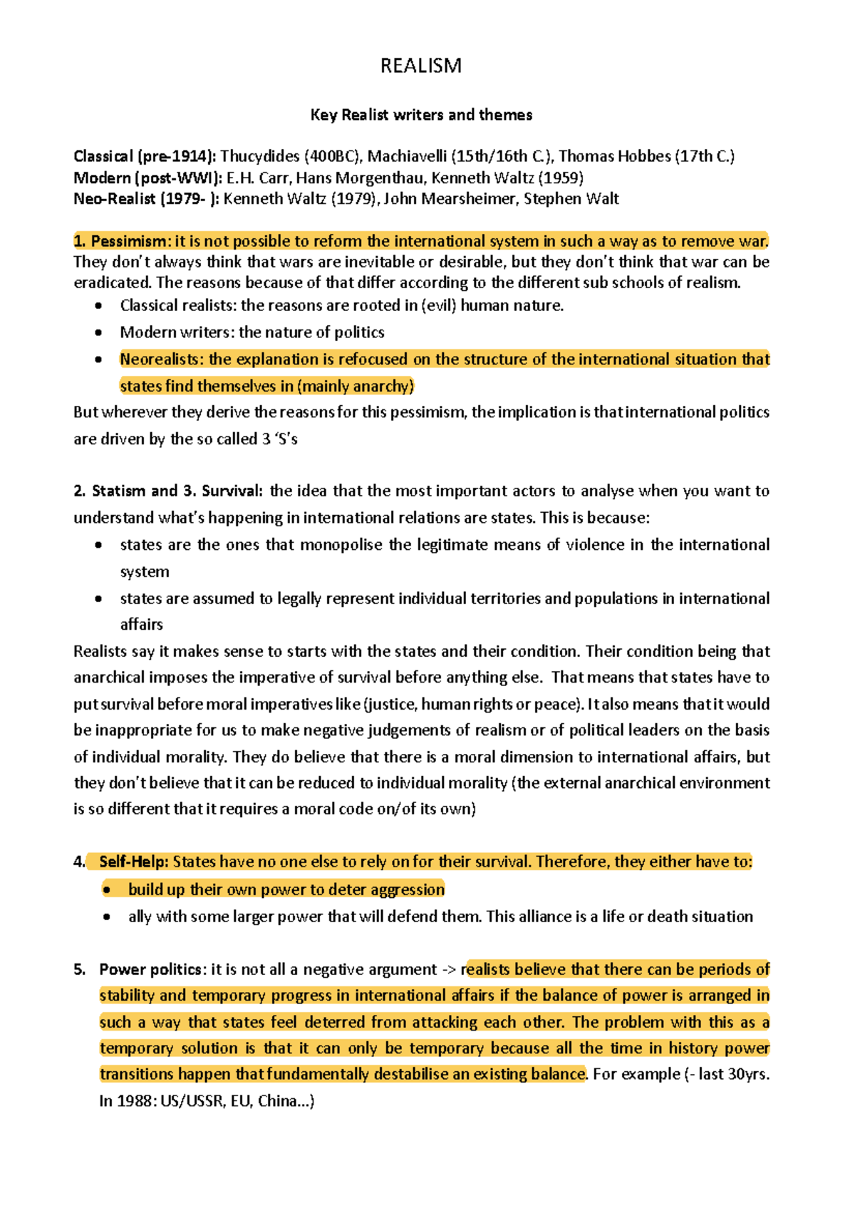 Realism Theory notes - Key Realist writers and themes Classical (pre ...