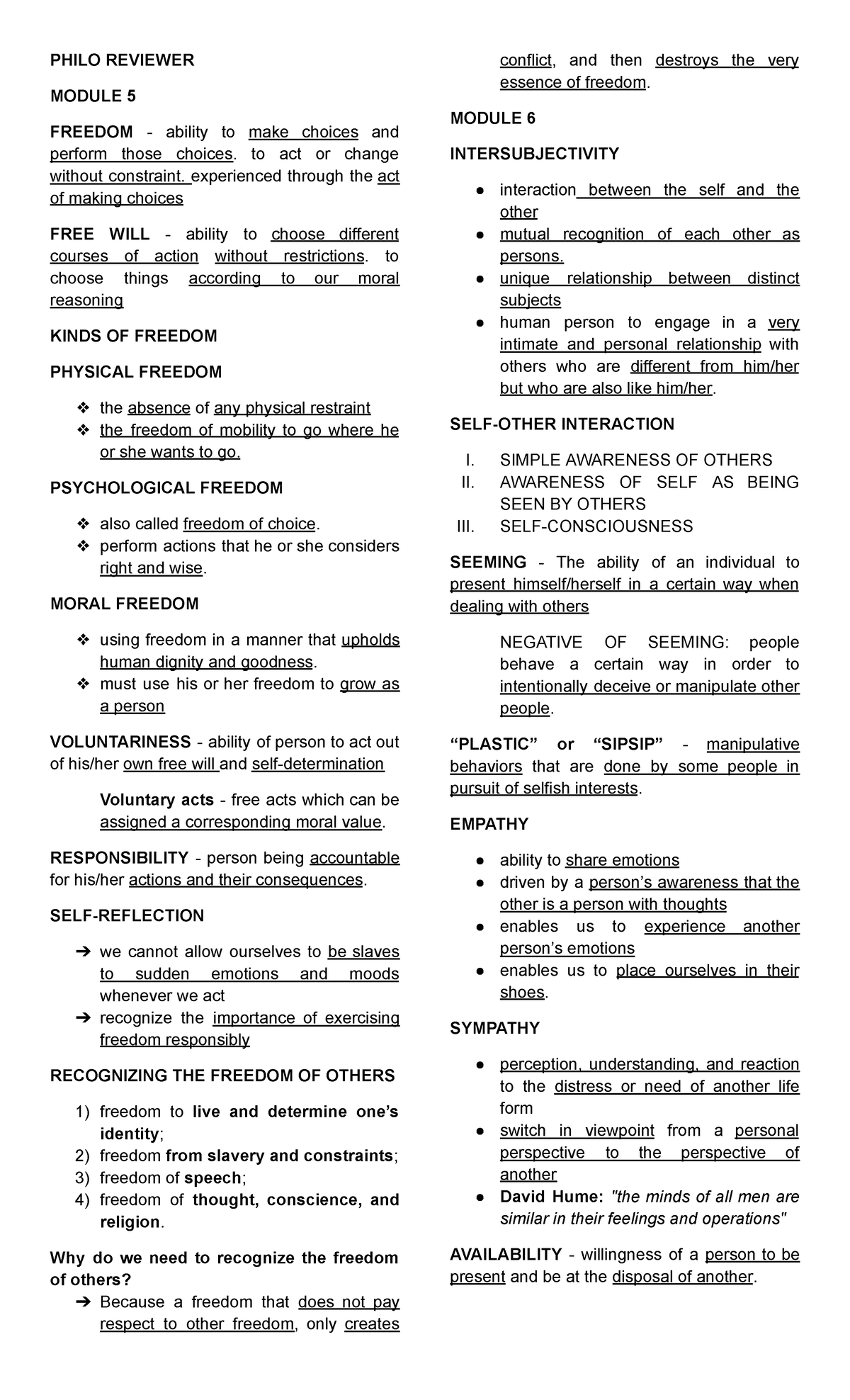Philo Reviewer - PHILO REVIEWER MODULE 5 FREEDOM - ability to make choices and perform those ...