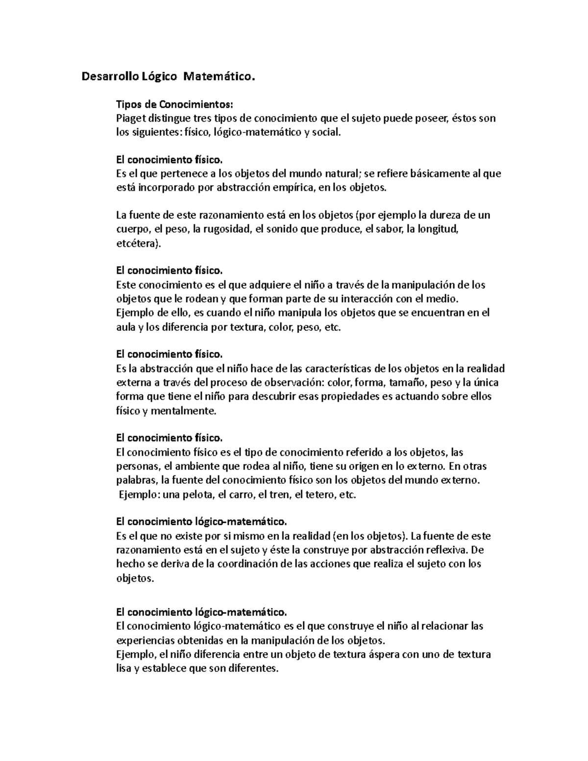 Unidad II - Desarrollo Lógico Matemático. Tipos de Conocimientos ...