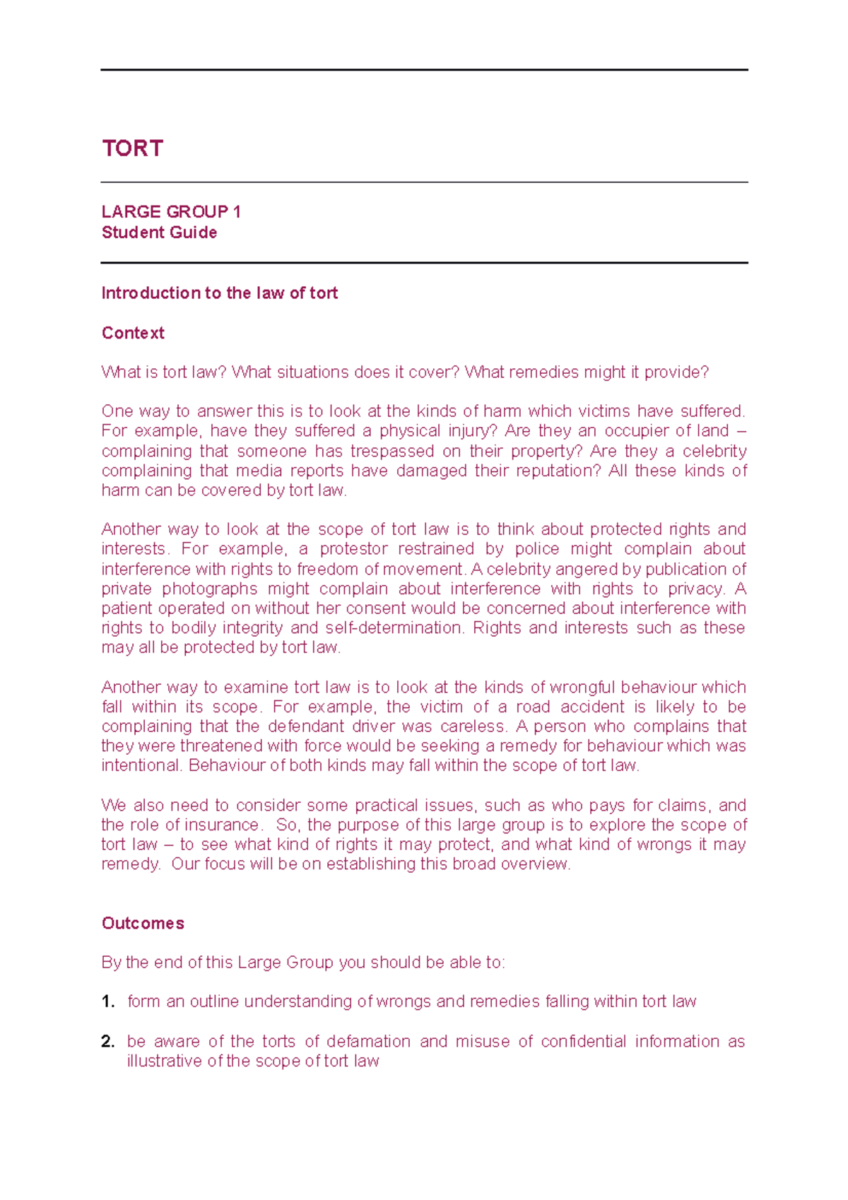 TORT LG 1 Notes - TORT LARGE GROUP 1 Student Guide Introduction to the ...