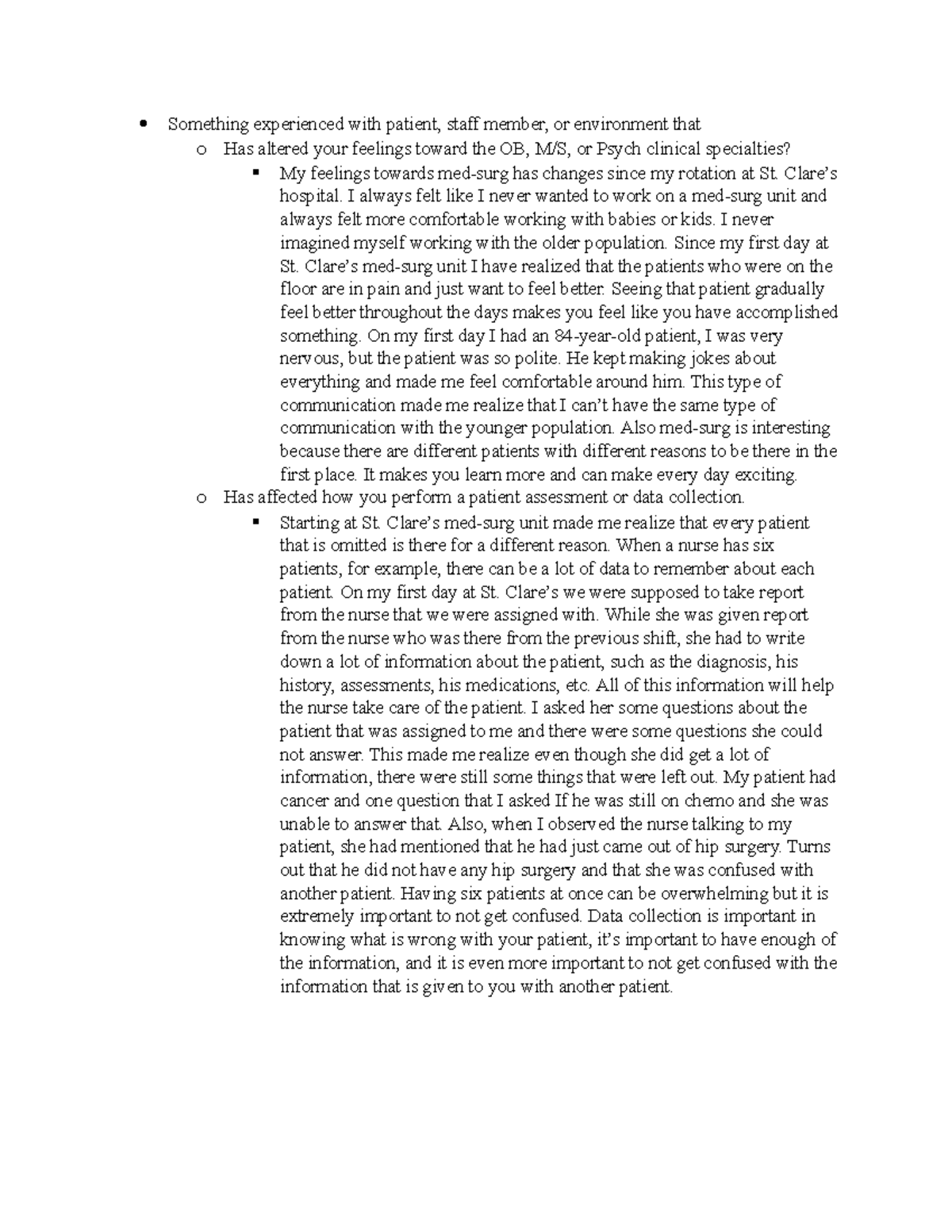 OB Journal week 2 - Something experienced with patient, staff member ...