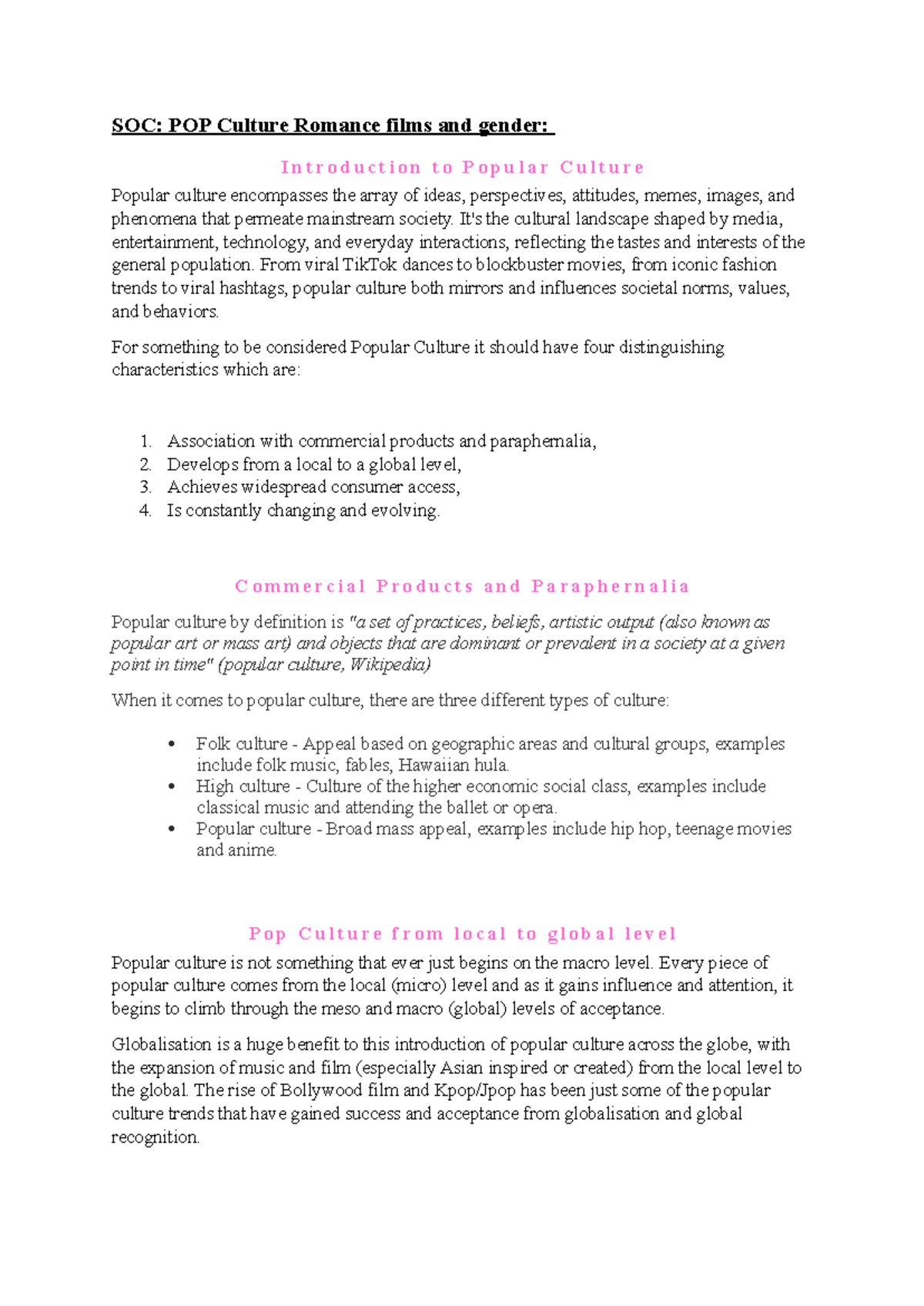 SOC - Study Summary Notes - SOC: POP Culture Romance films and gender ...