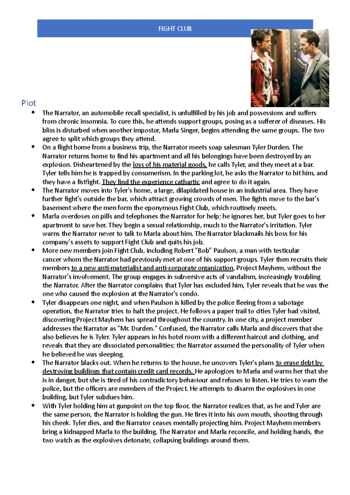 Fight club notes - Plot The Narrator, an automobile recall specialist ...