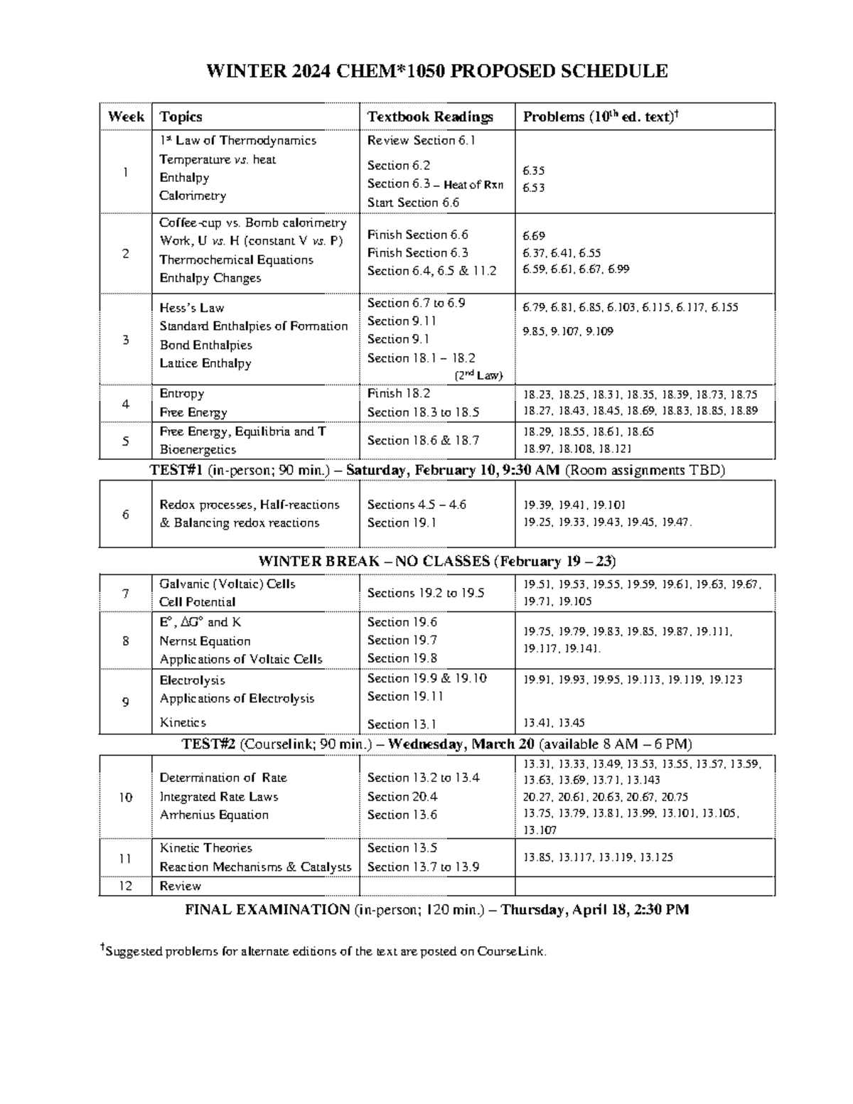 W24 1050 Lecture Schedule - WINTER 2024 CHEM*1050 PROPOSED SCHEDULE Week Topics Textbook ...