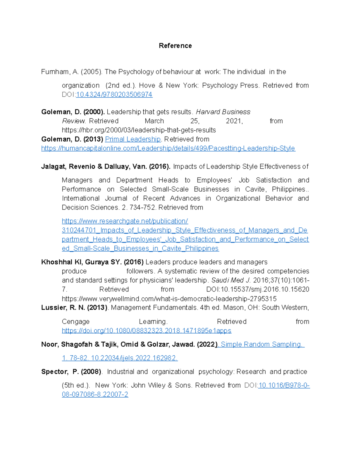Reference - Reference Furnham, A. (2005). The Psychology of behaviour ...