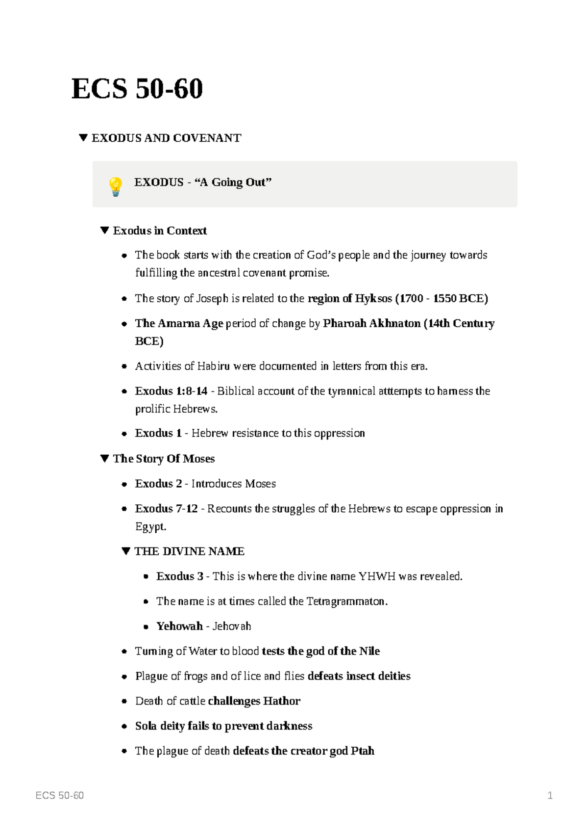 ECS 50-60 - This is a summary from pages 50 - 60. - ECS 50-60 1 ECS 50- EXODUS AND COVENANT ...