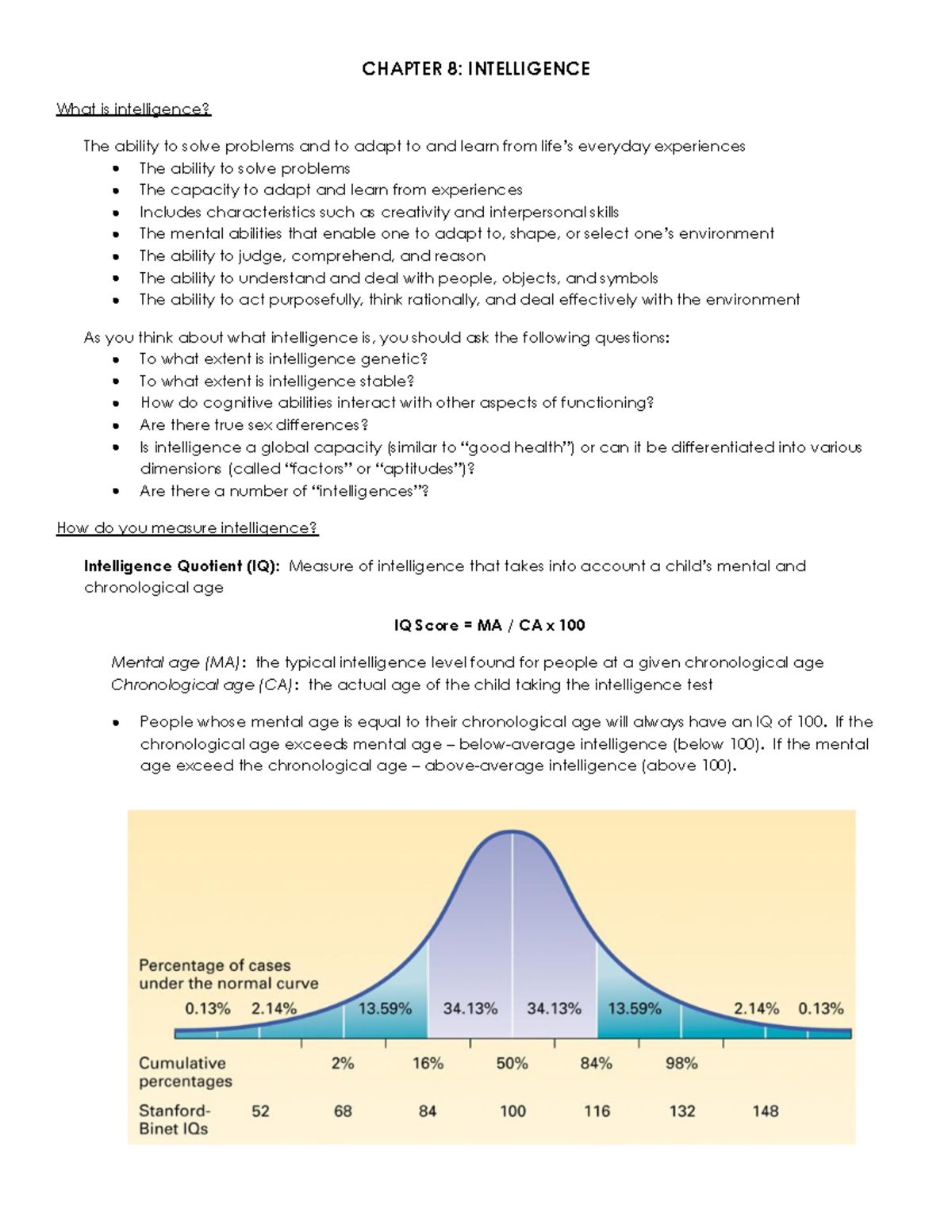 Intelligence Handout - Study and learn - CHAPTER 8: INTELLIGENCE What ...