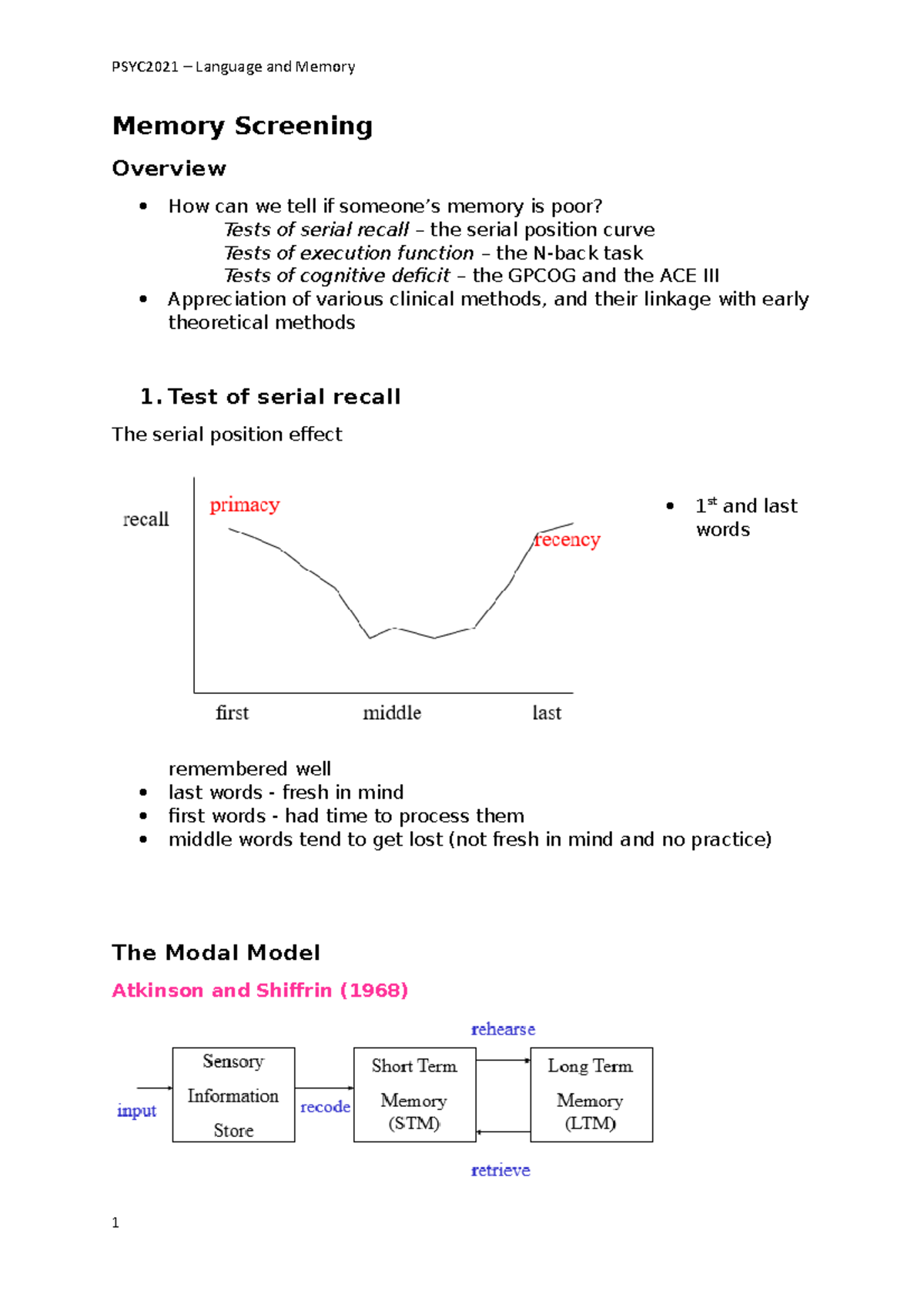 Memory Screening - week 6b - Memory Screening Overview How can we tell ...