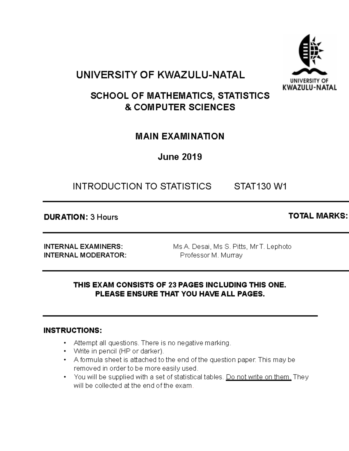 Final stat130 exam - UNIVERSITY OF KWAZULU-NATAL SCHOOL OF MATHEMATICS, STATISTICS & COMPUTER ...