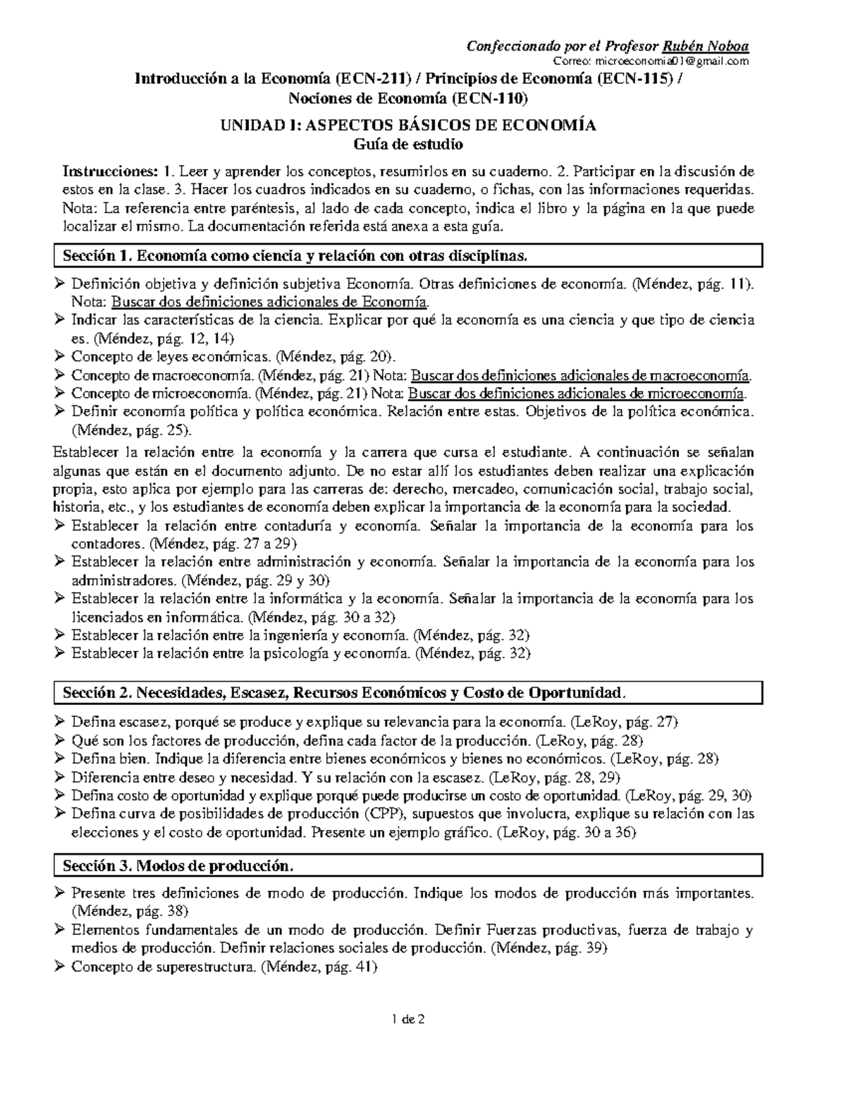 0. GUIA DE Estudio 1. Introducci Ã³n a la Econom Ã a (ECN-211) - 1 de 2 Introducción a la ...